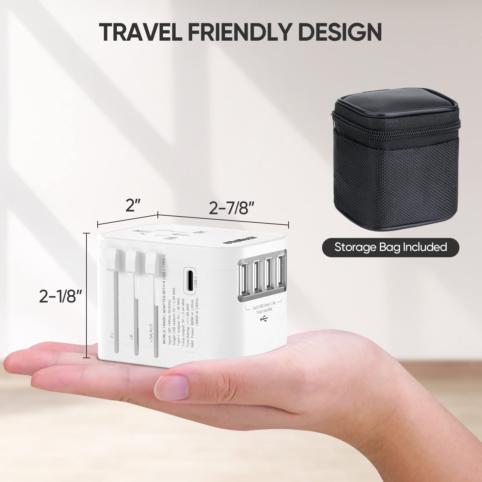 ROMECH Universal Travel Adapter, 5.6A Smart Power International Plug Adaptor AC Wall Charger for Global Travelling USA Europe EU UK AUS (Type C + Four Type A, Black)