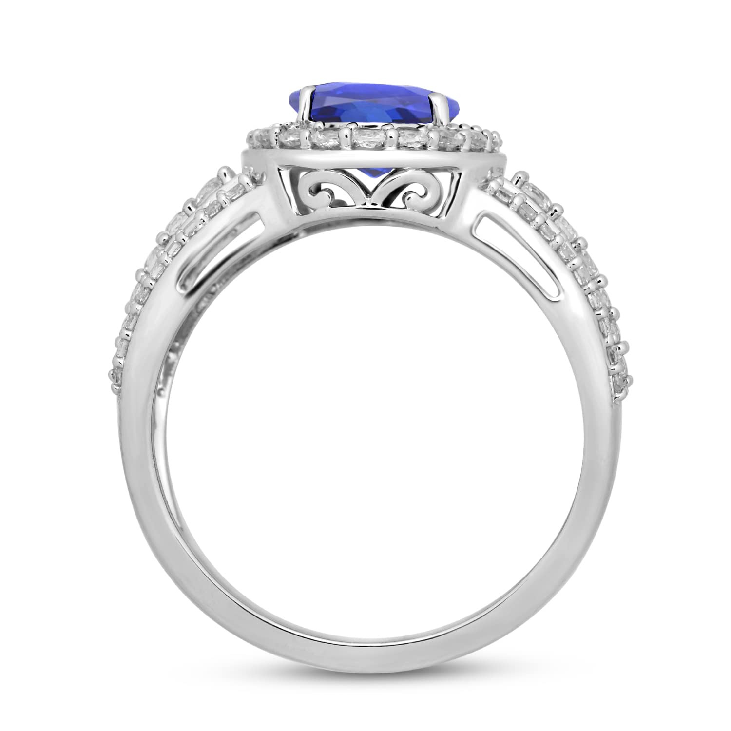 Jewelili Sterling Silver 9x7 MM Oval Cut Created Ceylon Sapphire and Round Created White Sapphire Engagement Ring, Size 7