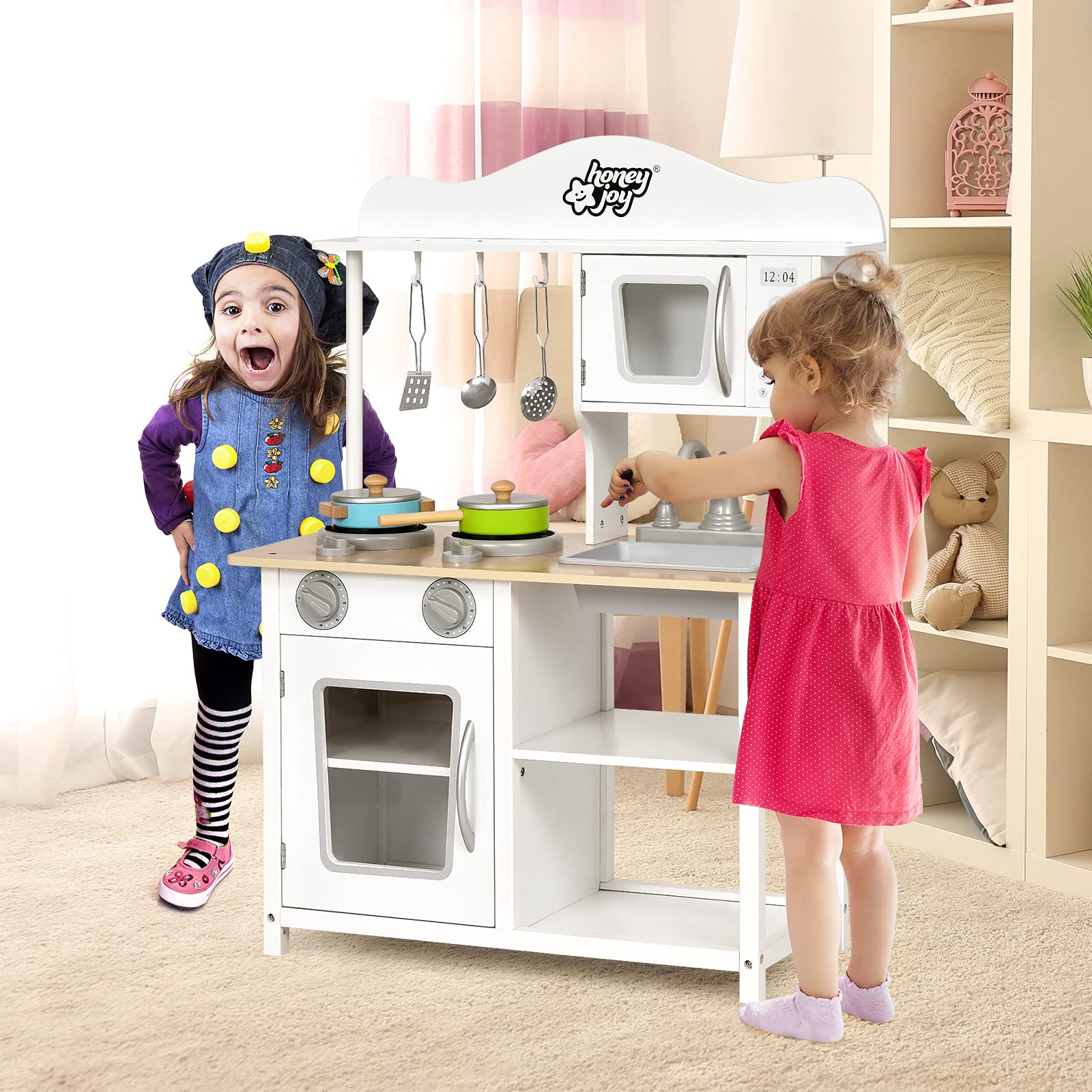 HONEY JOY Kids Wooden Kitchen Playset With Microwave, Sink, Stove & Oven, Cooking Accessories, Storage Shelf, Pretend Play Toy Kitchen Set, Gift for Boys Girls