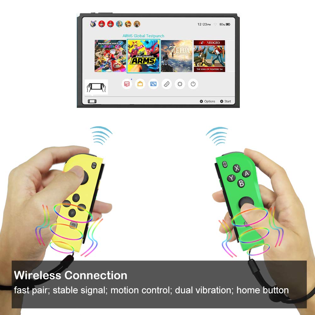 KINVOCA Joy Pad Controller for Nintendo Switch, L/R Switch Controller Replacement, Wired/Wireless Switch Remotes - Green and Yellow with Grip