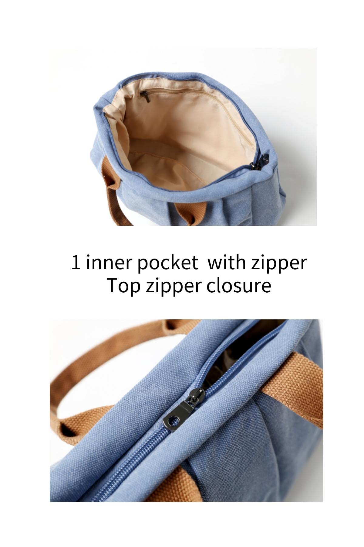 Jeelow Small Canvas Tote Handbag Bag Purse With Zipper & Pocket For Girl Women (Blue)