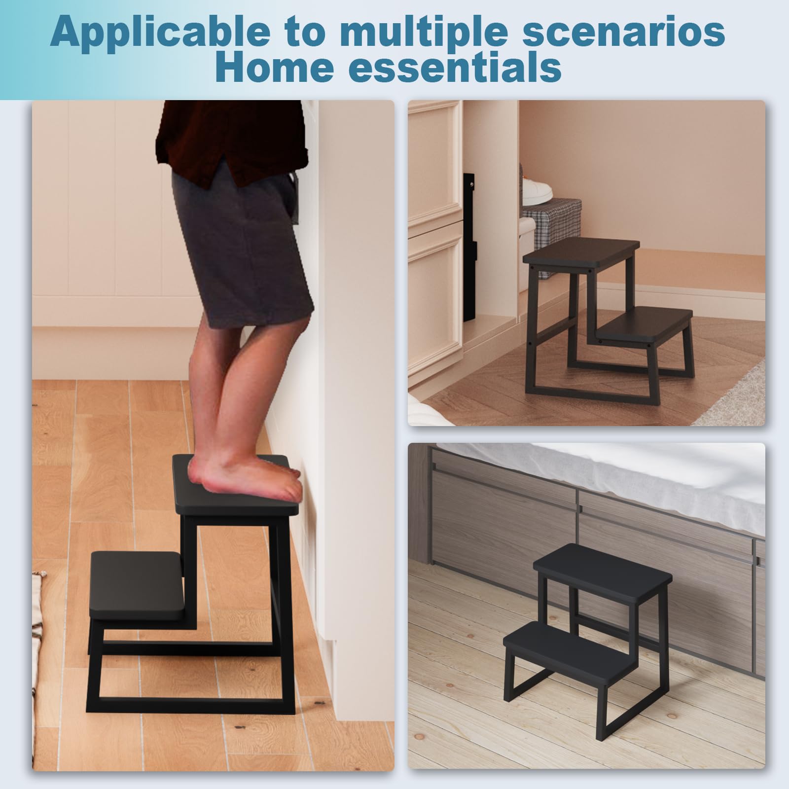 iTsst Step Stool for Adults Kids,Heavy Duty Sturdy Two Step Stool with 500LBS Capacity for Kichen Bathroom High beds, Wooden&Metal Frame, Non-Slip Rubber Pads