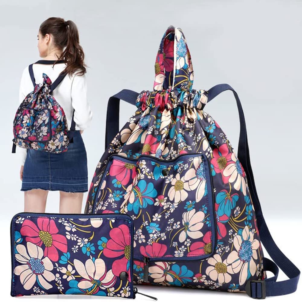 KITENROM Collapsible Reusable Grocery Bag Drawstring Backpack Large Travel Tote Bags String Sackpack for Gym Shopping Yoga Blue Leaf