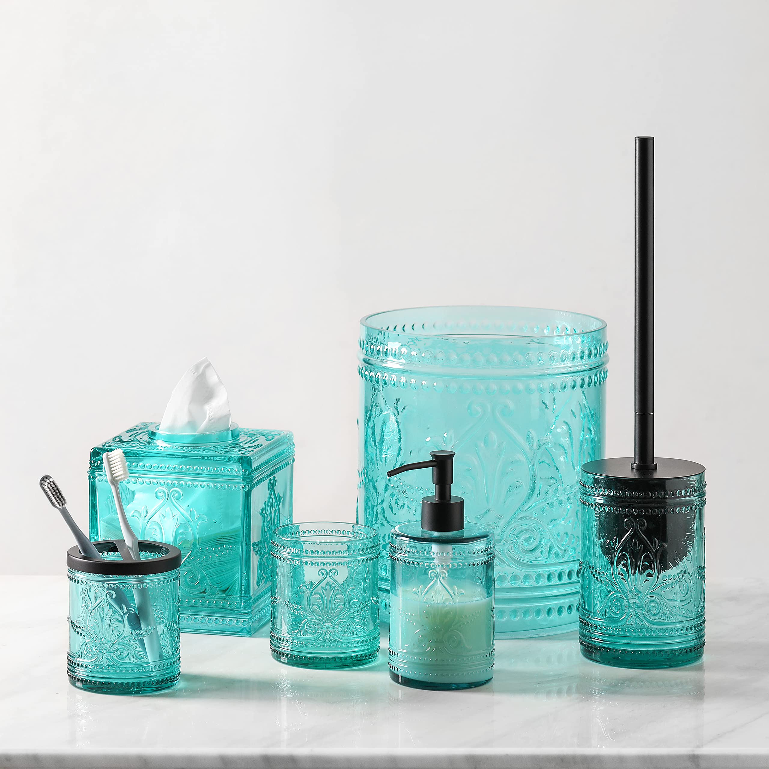 KMwares Glass Decorative Toilet Bowl Cleaner Brushes and Holde/Wastebasket for Bathroom Accessories Storage/Organization/Decoration- Teal Blue (Brush and Holder and Wastebasket)