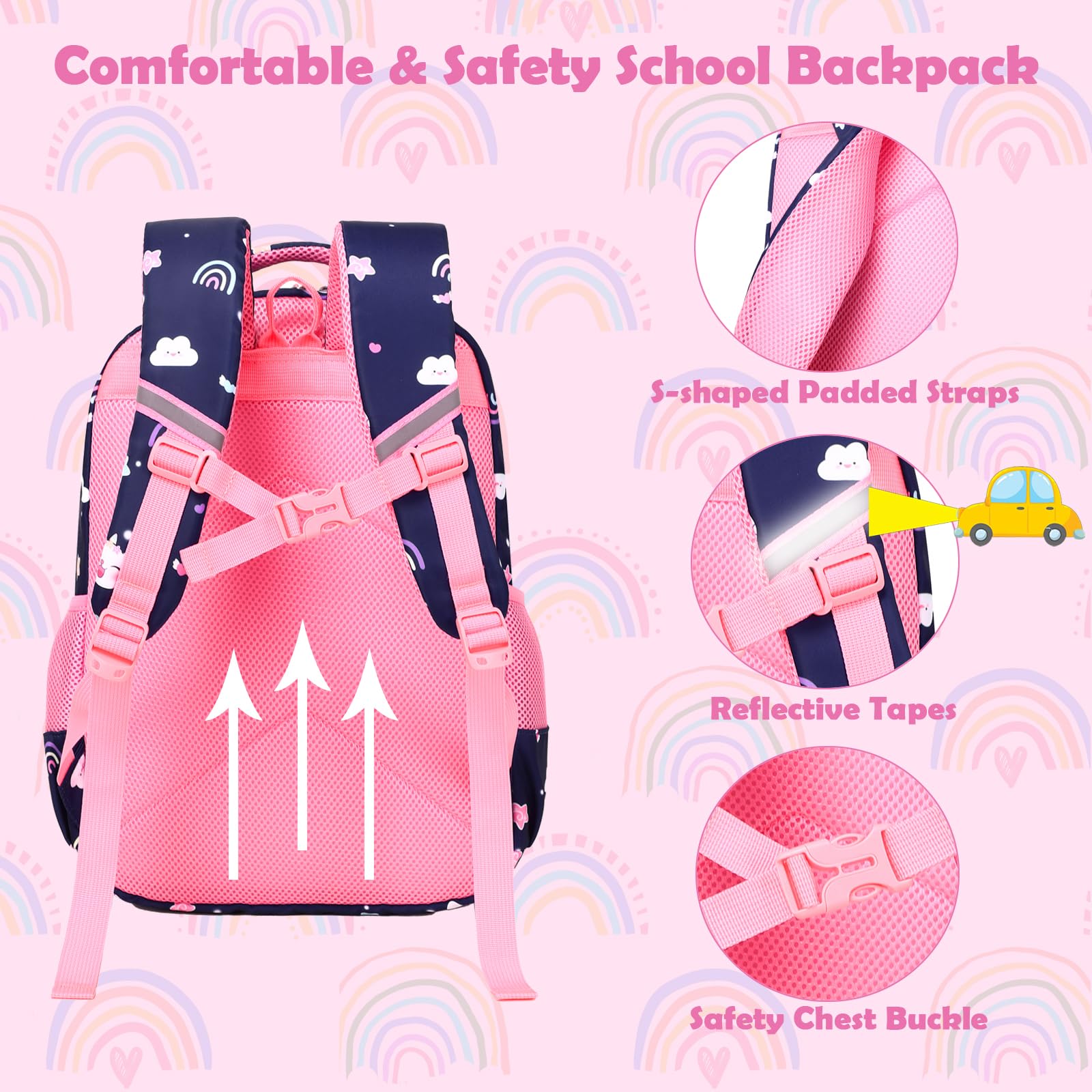 Kimwadalh Girls Backpack Set for School, Cute Rabbit School Backpack with Lunch Box Pencil Case & Chest Strap for Preschool Elementary