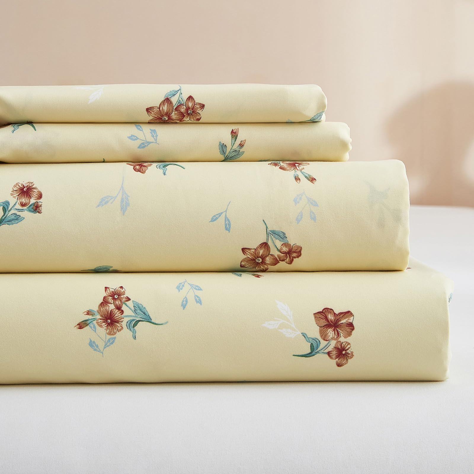 HIGHBUY Extra Deep Pocket Full Sheets - 4 Piece Floral Sheets Bed Sheets Fit 16 Mattress - Luxury Soft Cooling Sheets Fitted Sheets Full Size,Deep Pocket Full Sheets,Yellow Floral Bed Sheets