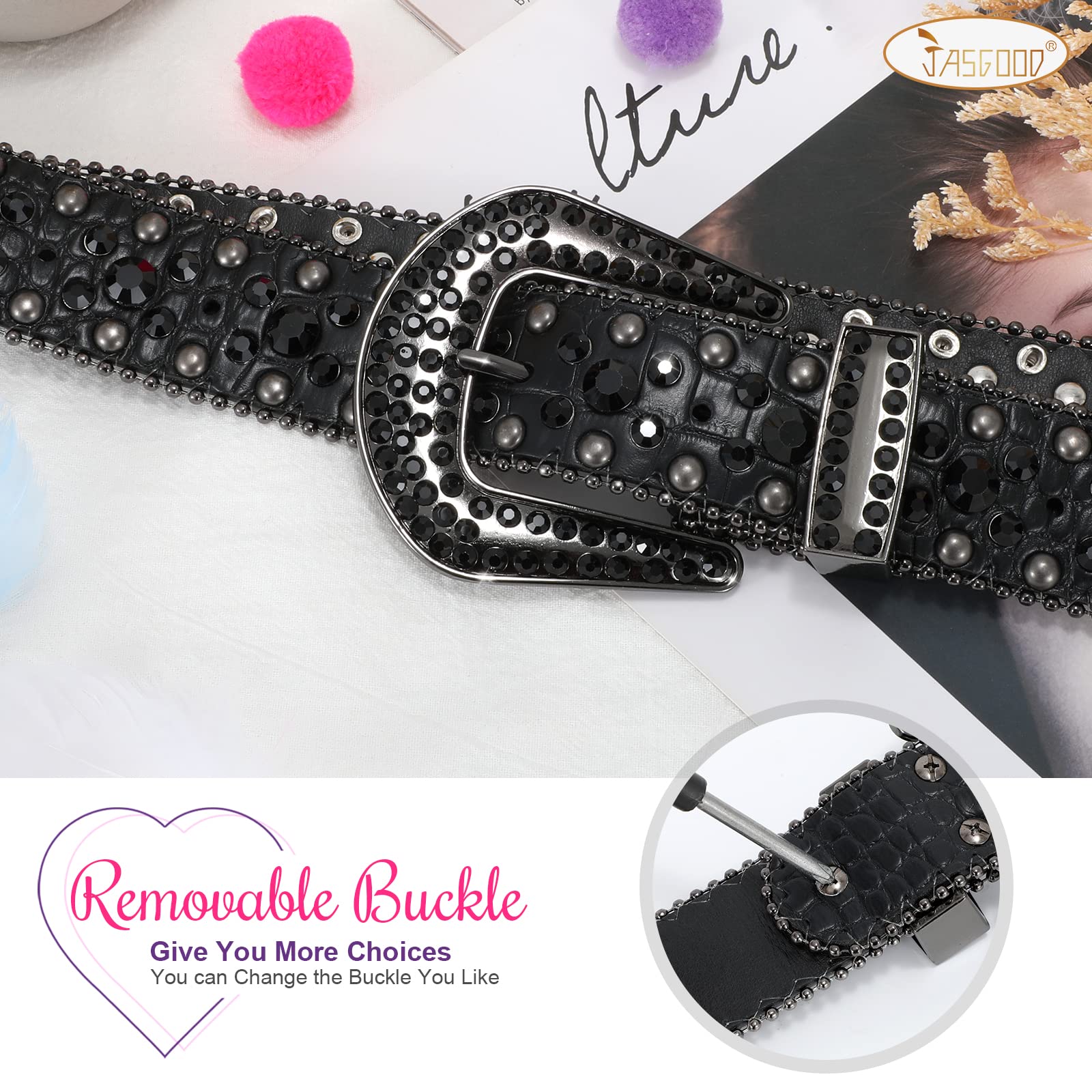 JASGOOD Cowboy Cowgirl Rhinestone Belt for Jeans, Men and Women Crocodile Grain Leather Studded Belt, E-Black, Suit Pants Size 33"-38"