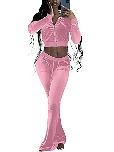 KIRJAUDU Womens Velvet 2 Piece Set Long Sleeve Zip Crop Top Maxi Pants Outfits Velour Tracksuit Pink L