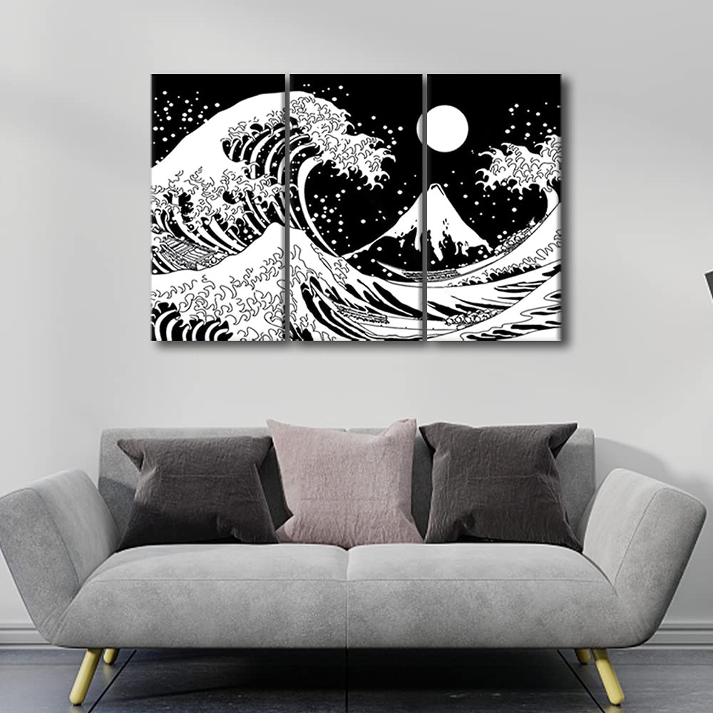 Kanagawa Great Wave Canvas Wall Art Multi Panel Black and White Paintings, Japanese Wave Artwork Home Decor for Living Room Wave with Sun Picture Giclee Framed Stretched Ready to Hang, 36" Wx24 H