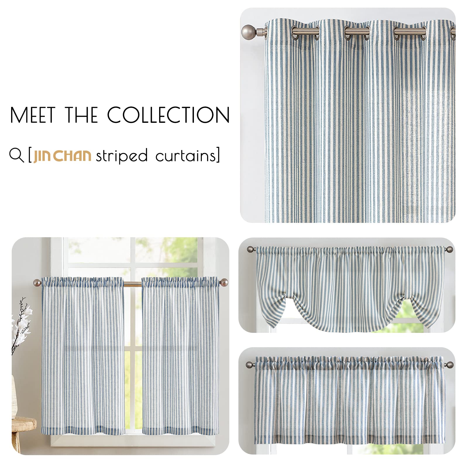 jinchan Kitchen Curtains Linen Striped Tier Curtains 24 Inch Length Ticking Stripe Cafe Curtains Pinstripe Farmhouse Small Window Curtains Tab Top for Living Room Bathroom RV 2 Panels Blue on Beige