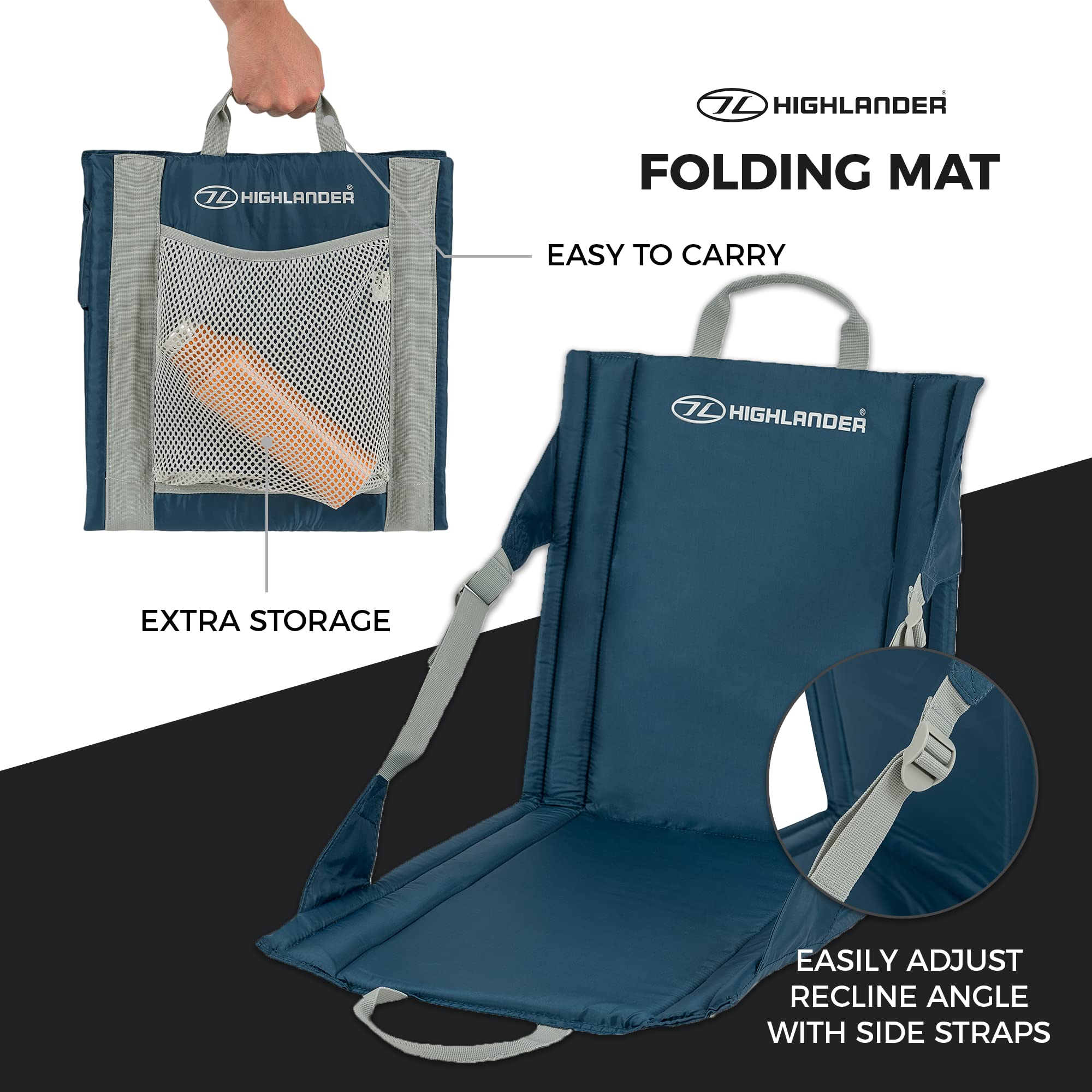 HIGHLANDER Foldable Seat Best Chair for Camping, Hiking, Stadium and More, Water Resistant and Lightweight with Pocket, Comfortable and Easy Adjustable.