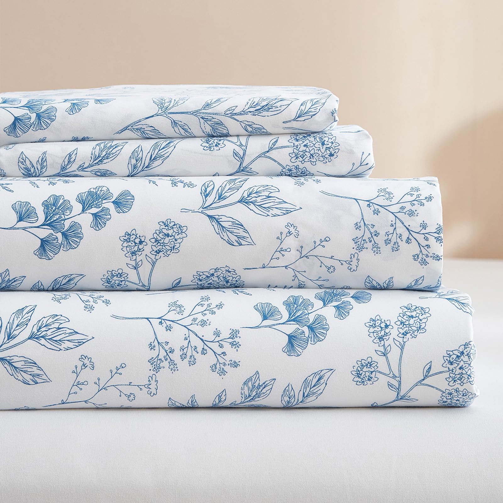HighBuy Blue Floral King Sheets Set 4 Piece Cooling Bedding Sheet Set - Soft White Deep Pocket 16" - Easy Soft Fitted Sheet King Boho Floral,Flat Sheet,2 Pillowcases Set,Wrinkle Resistant