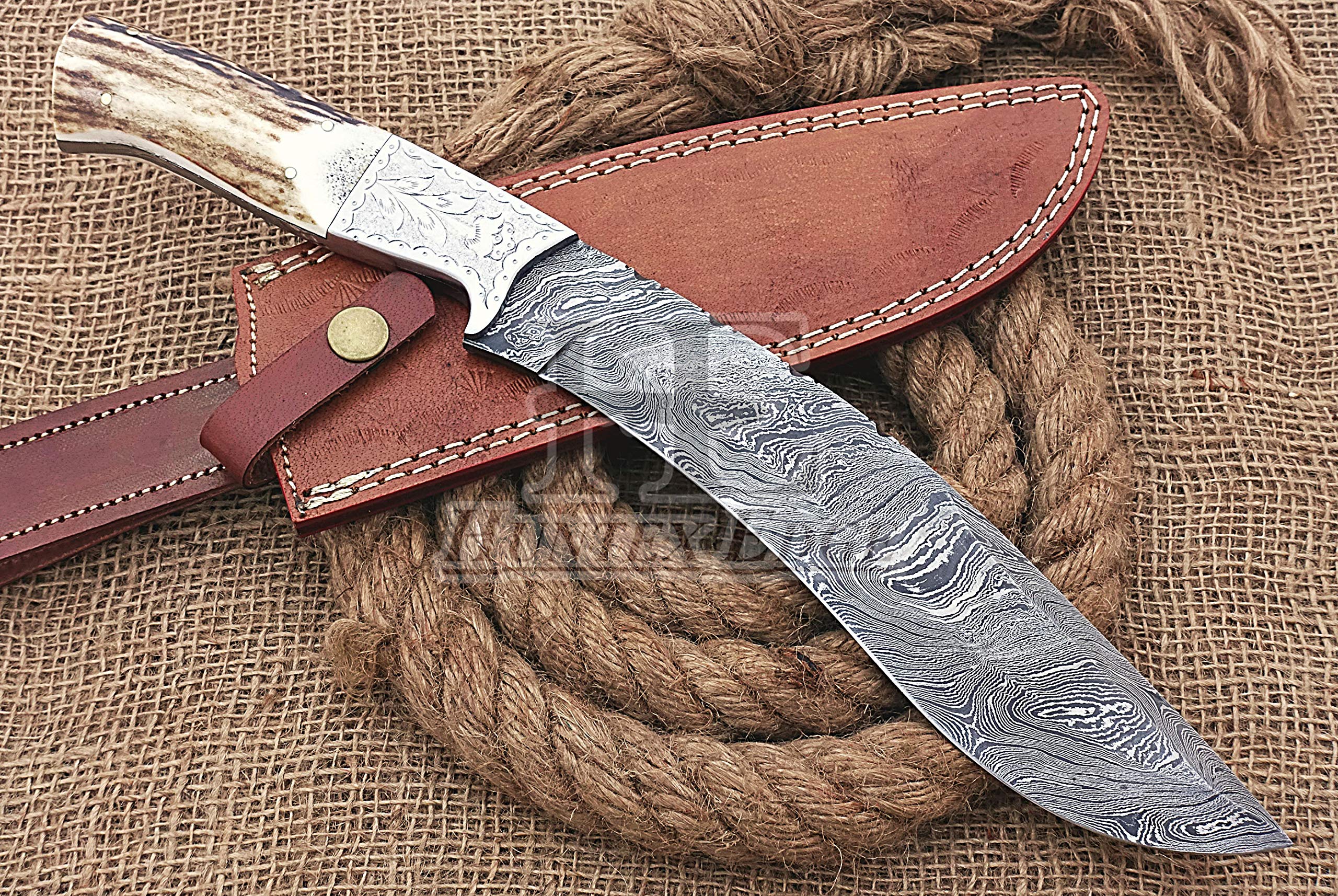 HUNTEX Handmade Hand-Forged Twist Pattern Damascus Steel 14 Inch Long Full Tang Deer Antler Handle Razor Sharp Hunting Camping Bowie Knife w/Genuine Leather Sheath