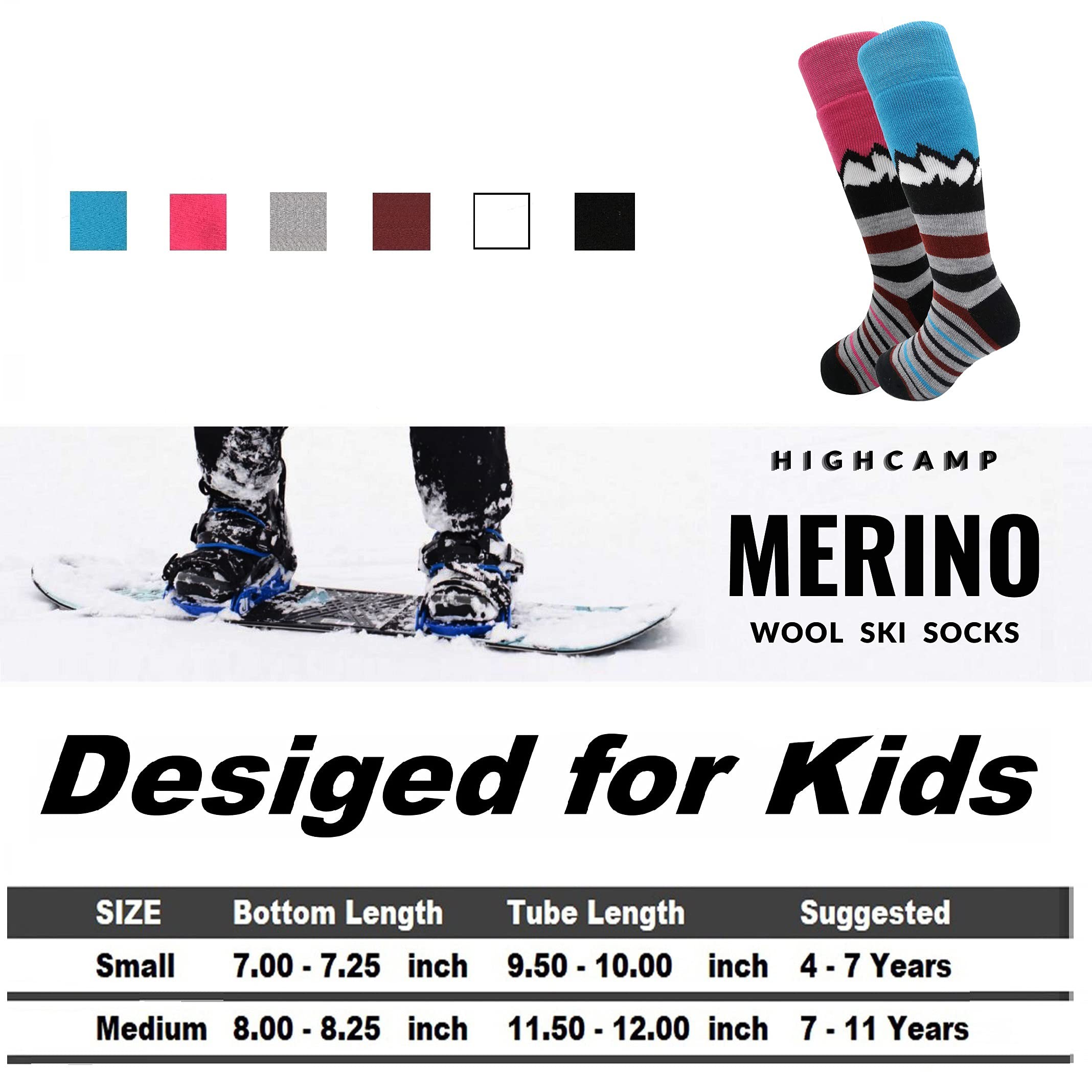HIGHCAMP 2 Pairs Kids Merino Wool Ski Snowboard Socks Boy Girl Toddler Snow Socks/Stripe Blue, M
