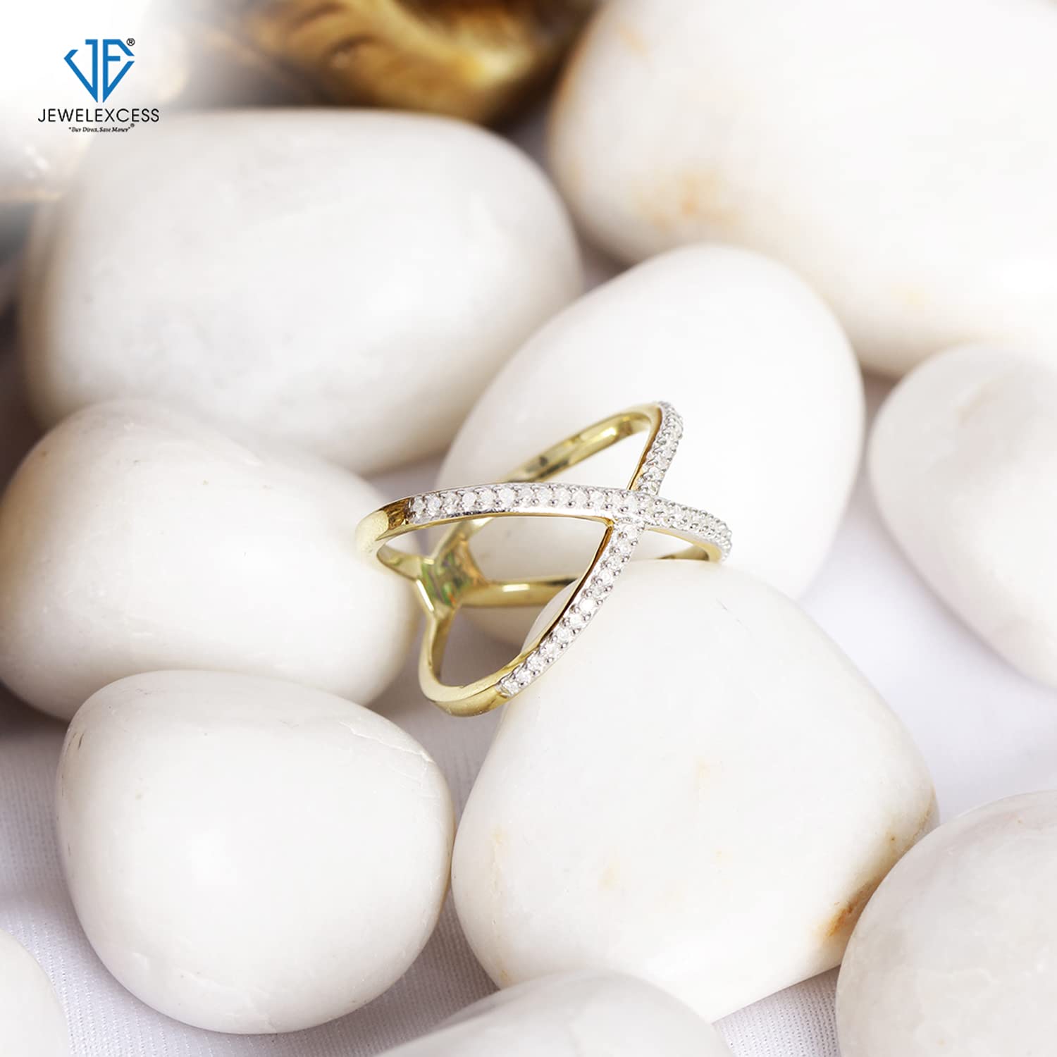 JEWELEXCESS 14K Gold over Silver Criss Cross Ring β 1/7 Carat White Diamond Ring with 14K Gold over Silver X Ring β Real Diamond Criss Cross Ring with Hypoallergenic Gold Plating Ring Band