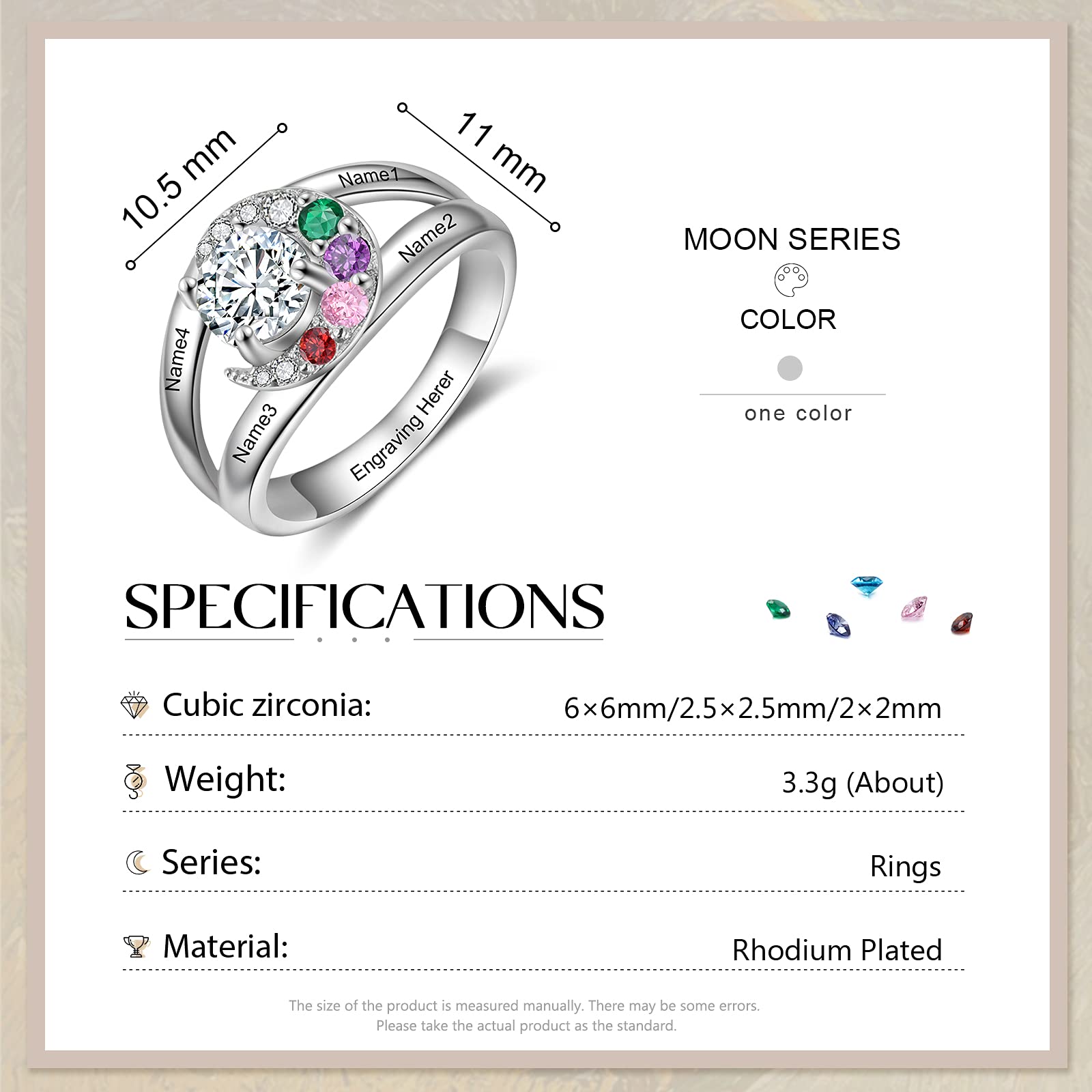 JewelOra Personalized Promise Ring for Her Custom Moon Engagement Ring with Simulated Birthstones Engraved Names Wedding Ring Jewelry Gift for Women Mom(4 names, 9)