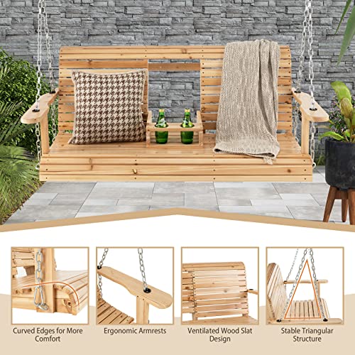 Tangkula 2 Person Hanging Porch Swing, Outdoor Bench Swing with Adjustable Chains, Foldable Cup Holders, High Back, Cozy Armrests, Wooden Hanging Swing Chair for Backyard Deck Garden Natural