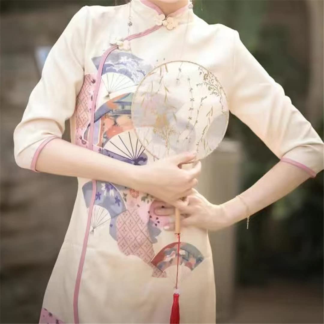 Lmtossey Hanfu Group Fan Dancing Round Fan Classical Chinese Fan Ancient Costume Dance Fan Photo Performance Decoration Fan