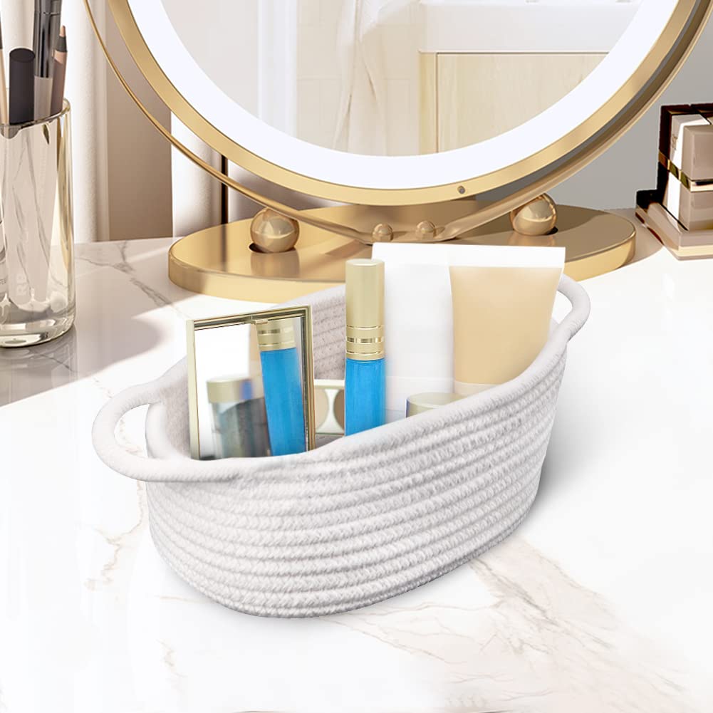 Storage Basket with Transparent Packaging Bag, Woven Basket Cosmetic Storage Bakset with Handles for Living Room, Bathroom(White)