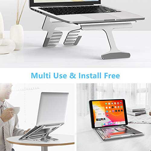 ivoler 2 in 1 Laptop Riser Stand, 6 Angles, 3 Folding Modes,Portable Ergonomic Angled Laptop Aluminum Stand Adjustable Height Laptop Holder with Slide-Proof Silicone for Laptop 10''~15.6'' (Silver)