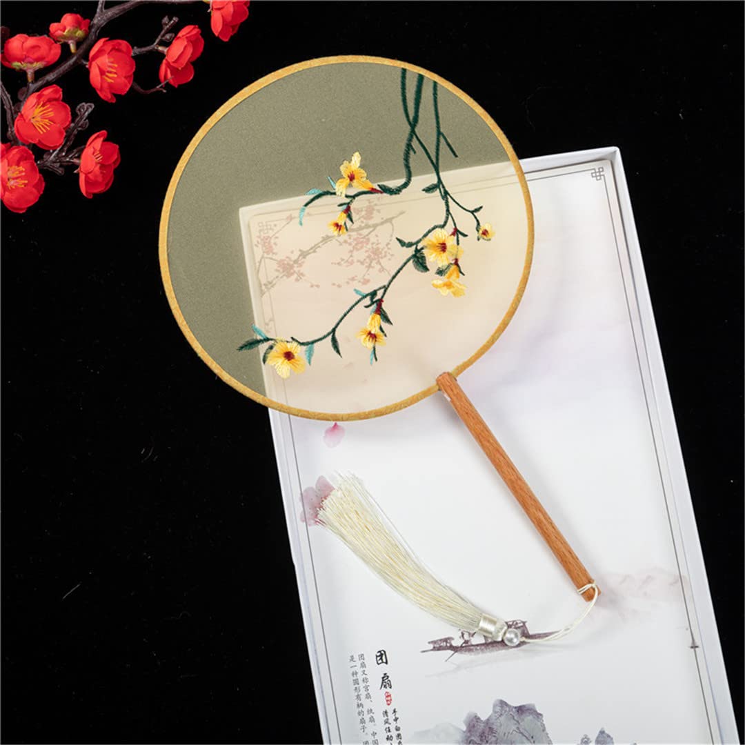 Lmtossey Vintage Round Fan Long Handle Tassel Dancing Hanfu Circular Fan Ancient Chinese Style Classical Printed Court Round Fan Wedding