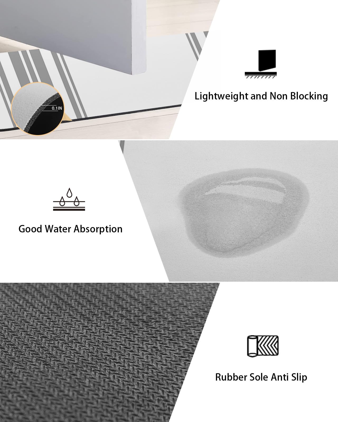 Grey White Stripes Bath Mat for Bathroom Rugs Non Slip, Diatomaceous Earth Bath Mats Quick Dry Absorbent Bath Rug, Thin Rubber Backed Easy to Clean, Casual Bohemian Geometric Art Decor 16"x24"