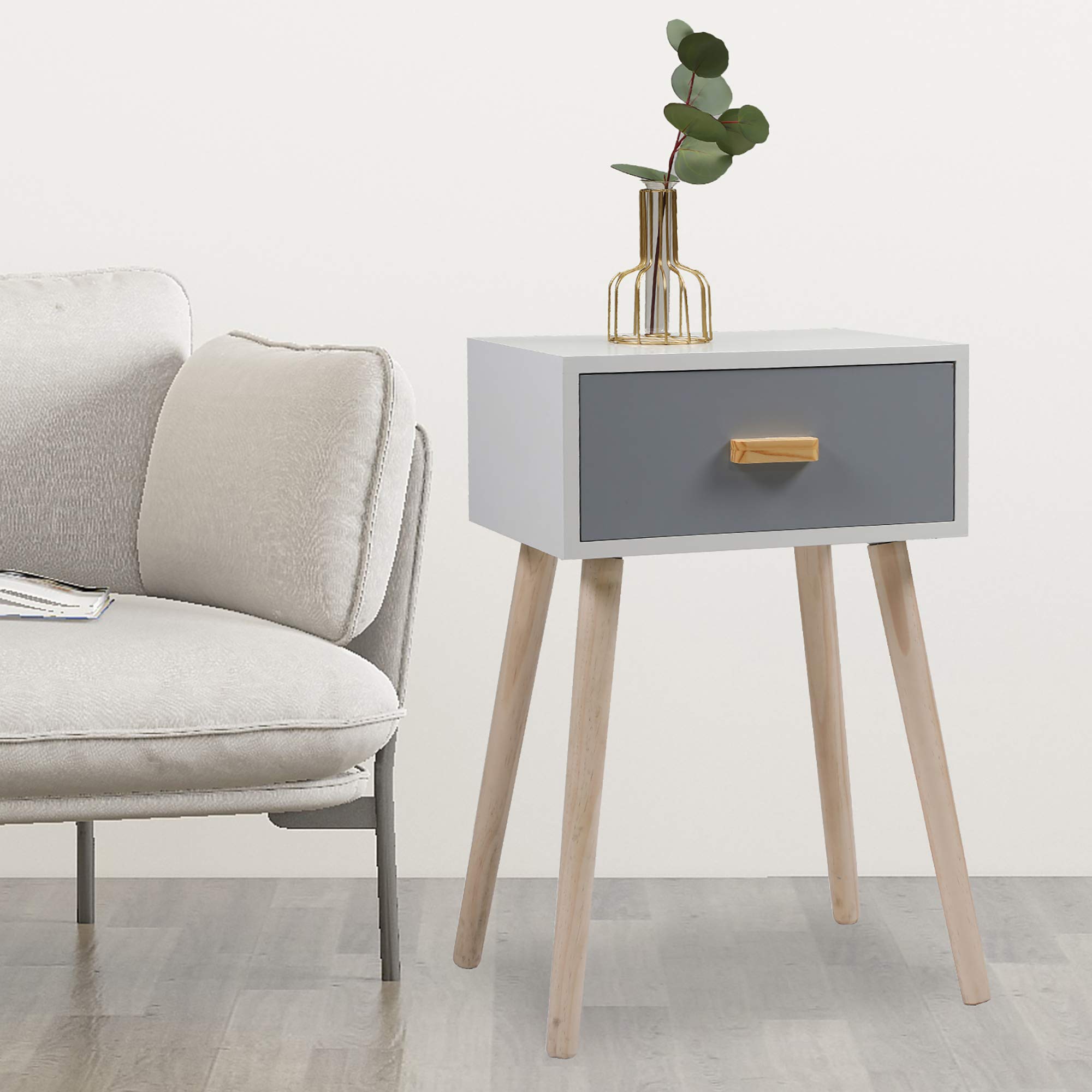 JAXSUNNY Set of 2 Mid-Century Wood Nightstand Side End Table with Storage Drawer and Solid Wood Legs, Bedside Table for Home Furniture,White+Silver Blue Pearl