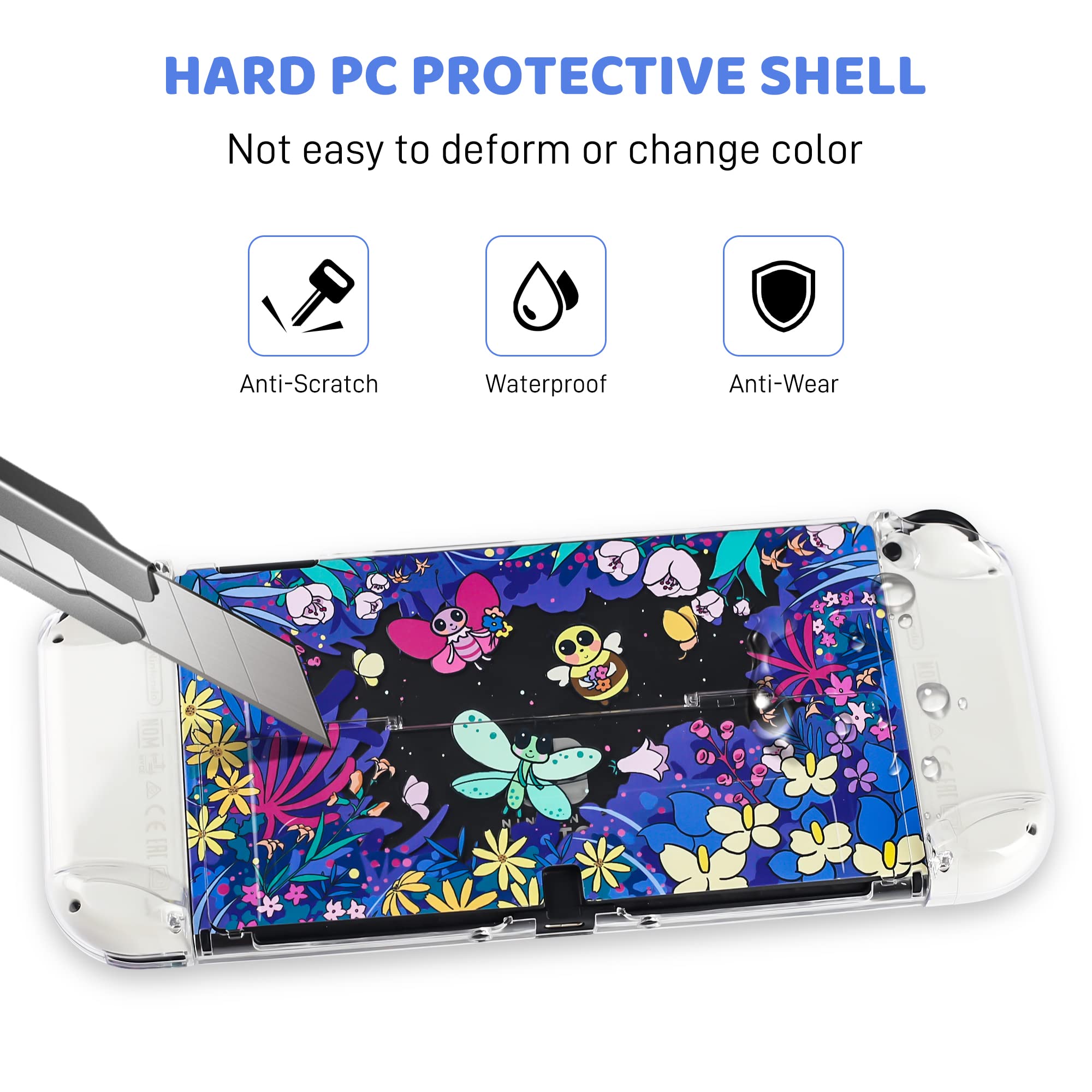 LASTYAL Cute Protective Case Compatible with Nintendo Switch OLED Model, Transparent Flip Shell for Switch OLED Console and Joycon Controller - Bee, Butterfly and Dragonfly