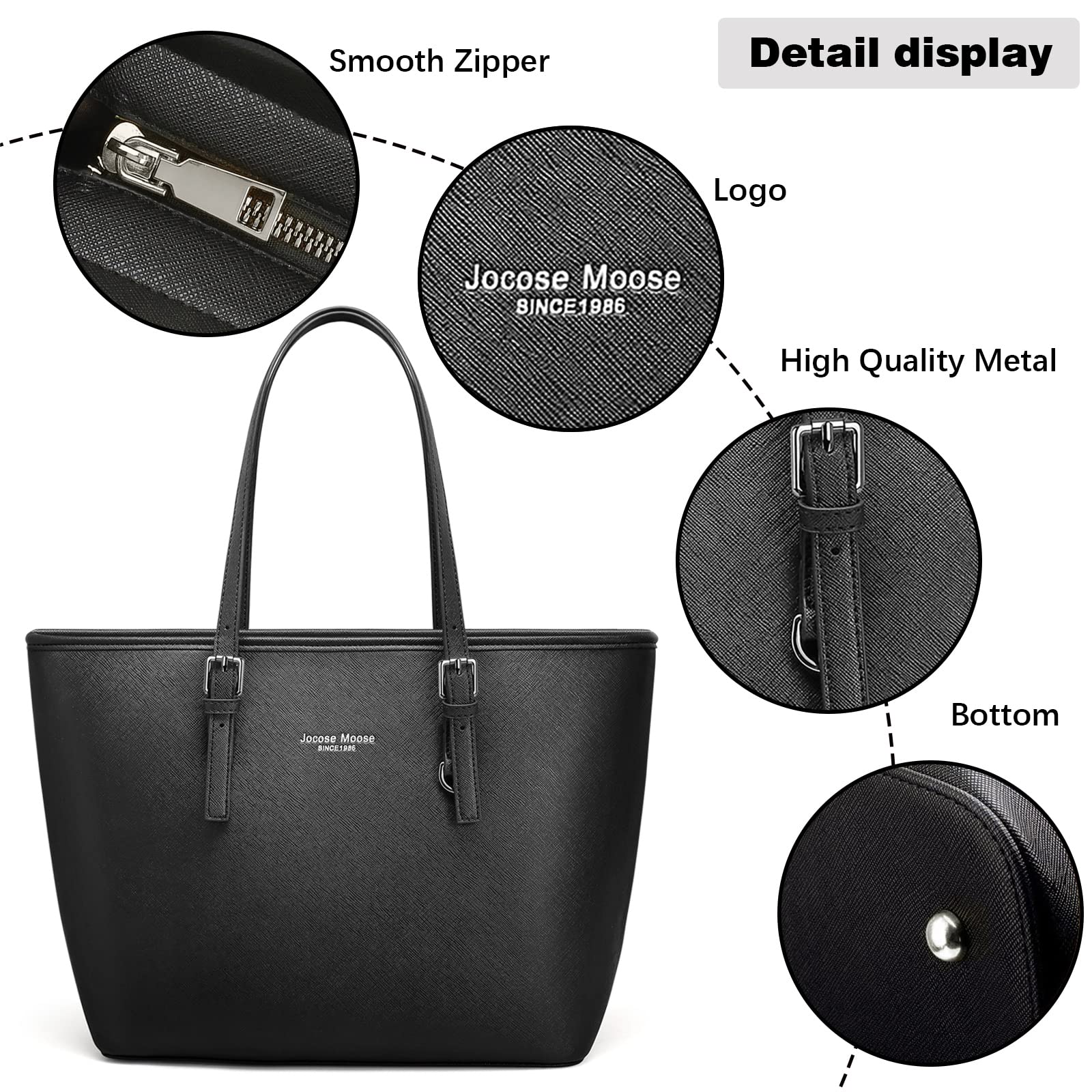 Jocose Moose Handbags for Women Wallet Tote Bag Shoulder Bag Top Handle Satchel Purse Set 3pcs(Black)