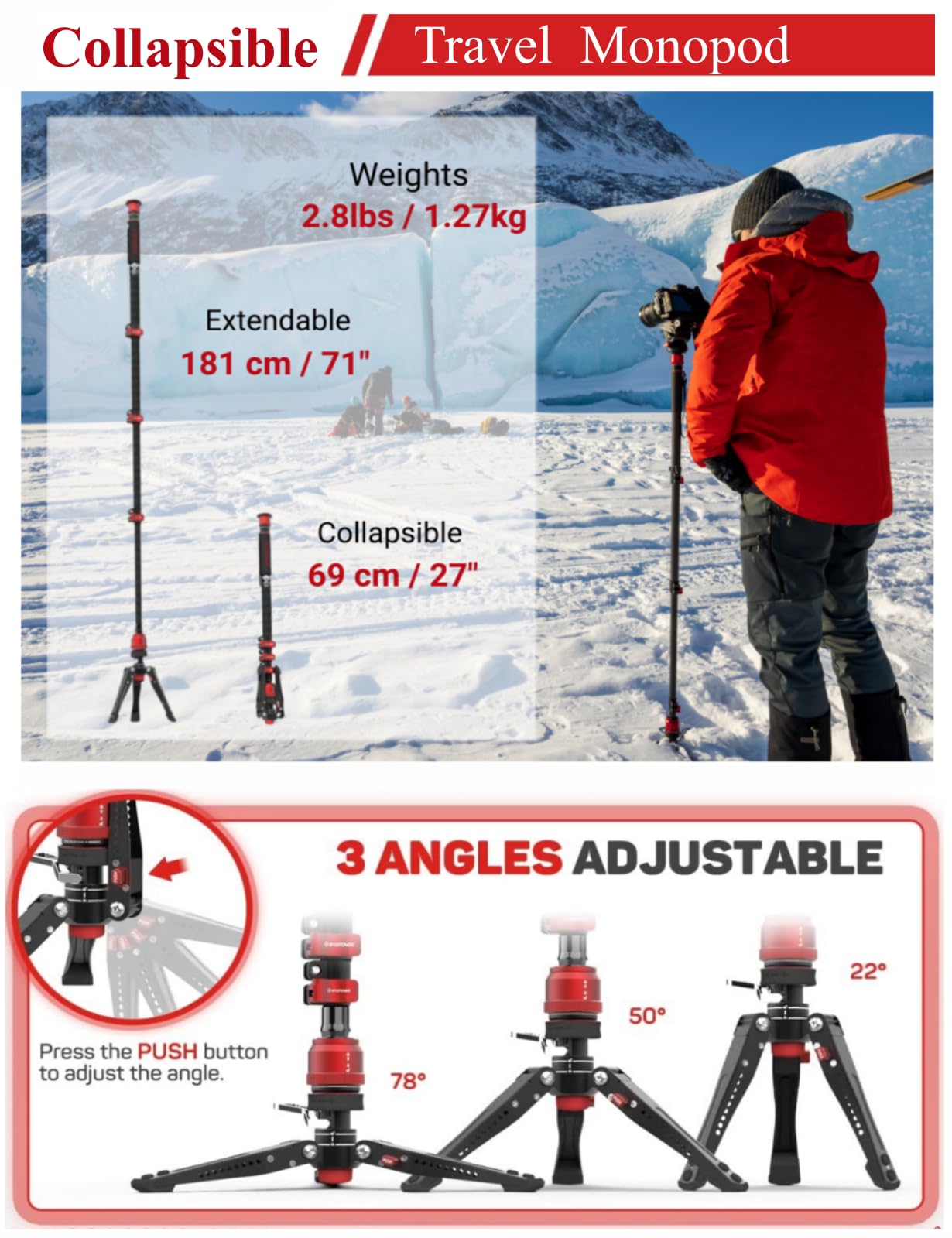 IFOOTAGE Cobra 3 Monopod C180F-P with K5S Fluid Head, Professional Portable Travel Monopod Kit for Canon Nikon Sony Olympus Panasonic DSLR Camera