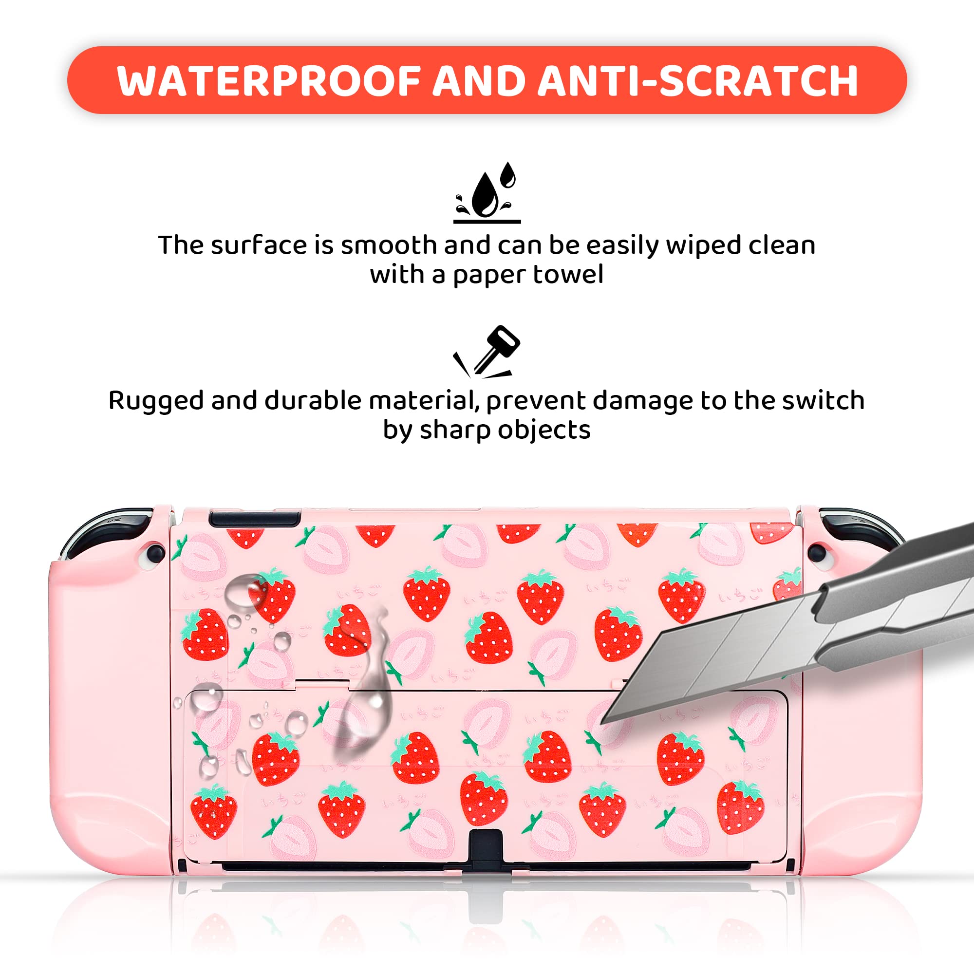 LASTYAL Sweet Strawberry Case Compatible with Nintendo Switch OLED 2021, Cute PC Pink Protective Cover for Switch OLED Console and Joycon with Screen Protector and 4 Thumb Caps