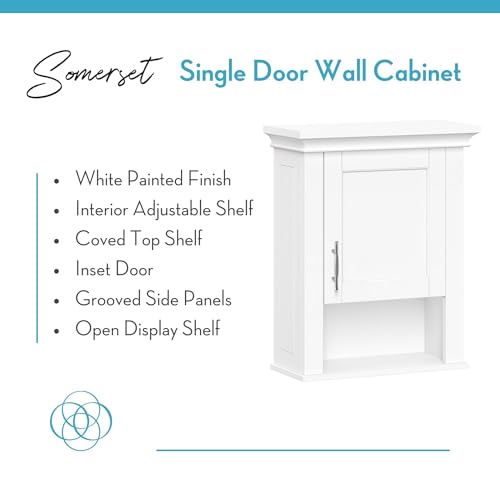 RiverRidge Somerset Single Door Wall Cabinet - Bathroom Medicine Cabinet with Inset Door, Coved Top Shelf, 2 Interior Shelves & Open Display Shelf β Elegant Bathroom Cabinet for Expanded Storage