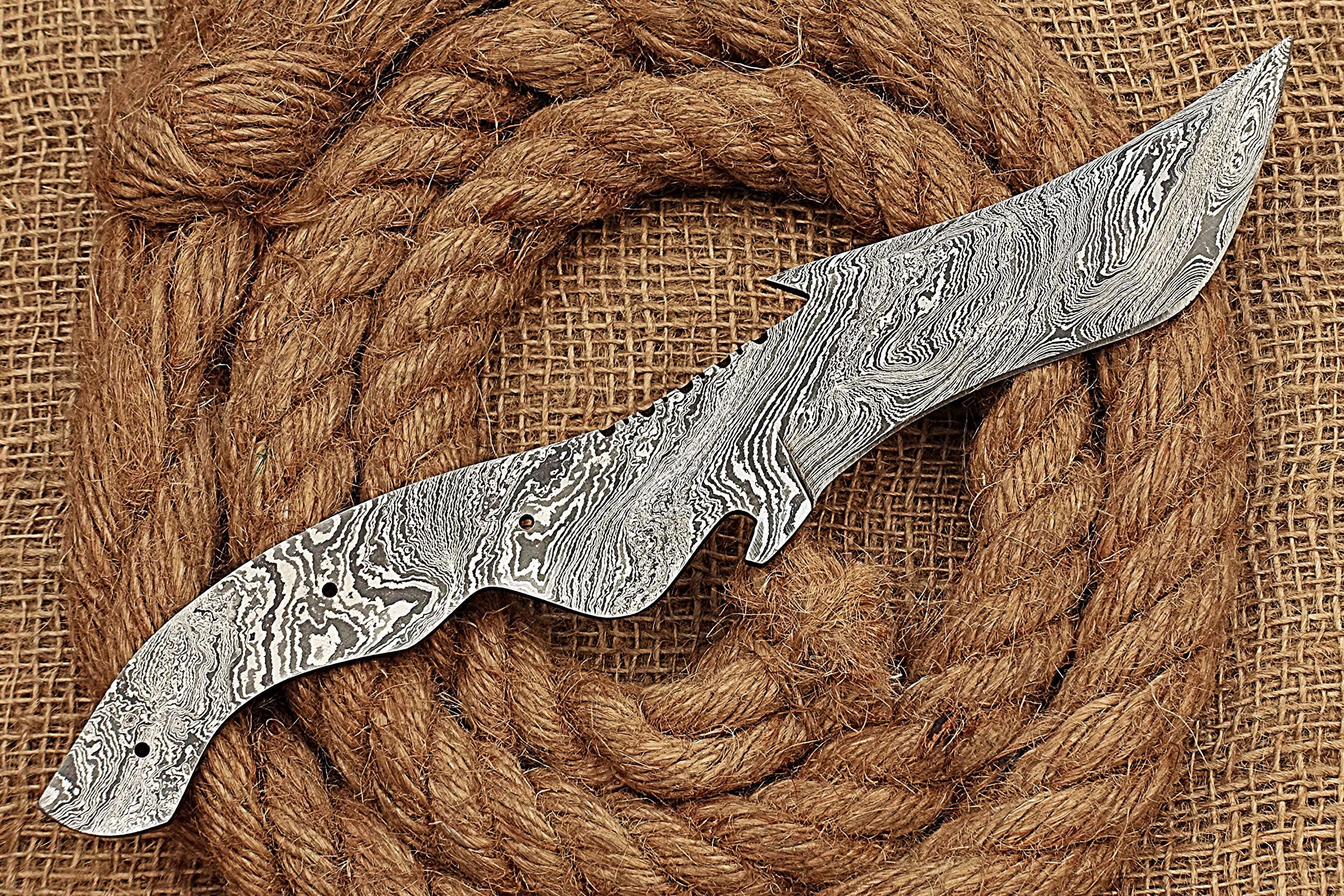 HUNTEX Custom Handmade Hand-Forged Twist Pattern Damascus Steel 10.5 Inch Long Full Tang Razor Sharp Camping Hunting DIY Blank Blade Gut Hook Knife for Knife Making