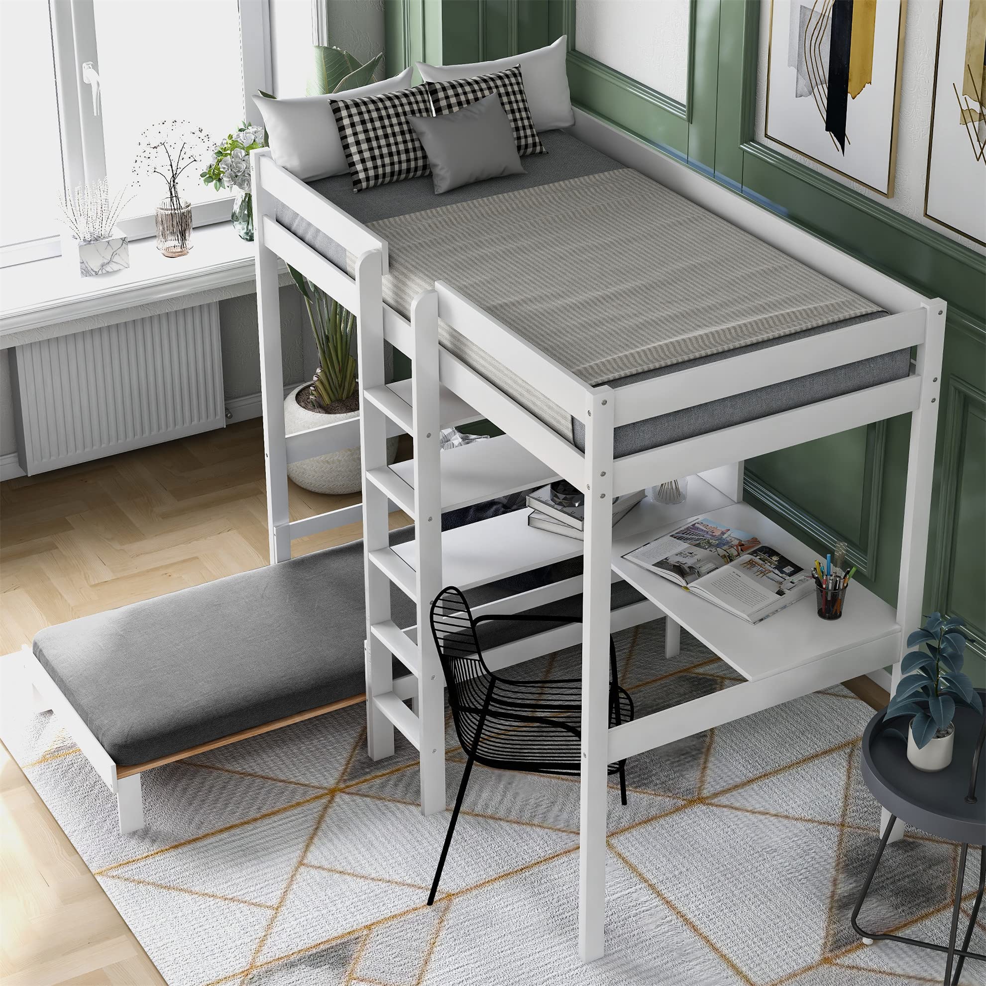 Harper & Bright Designs Twin Loft Bed with L-Shape Desk, Convertible Twin Bunk Bed with Shelves and Ladder, for Kids Teens Adults (White)