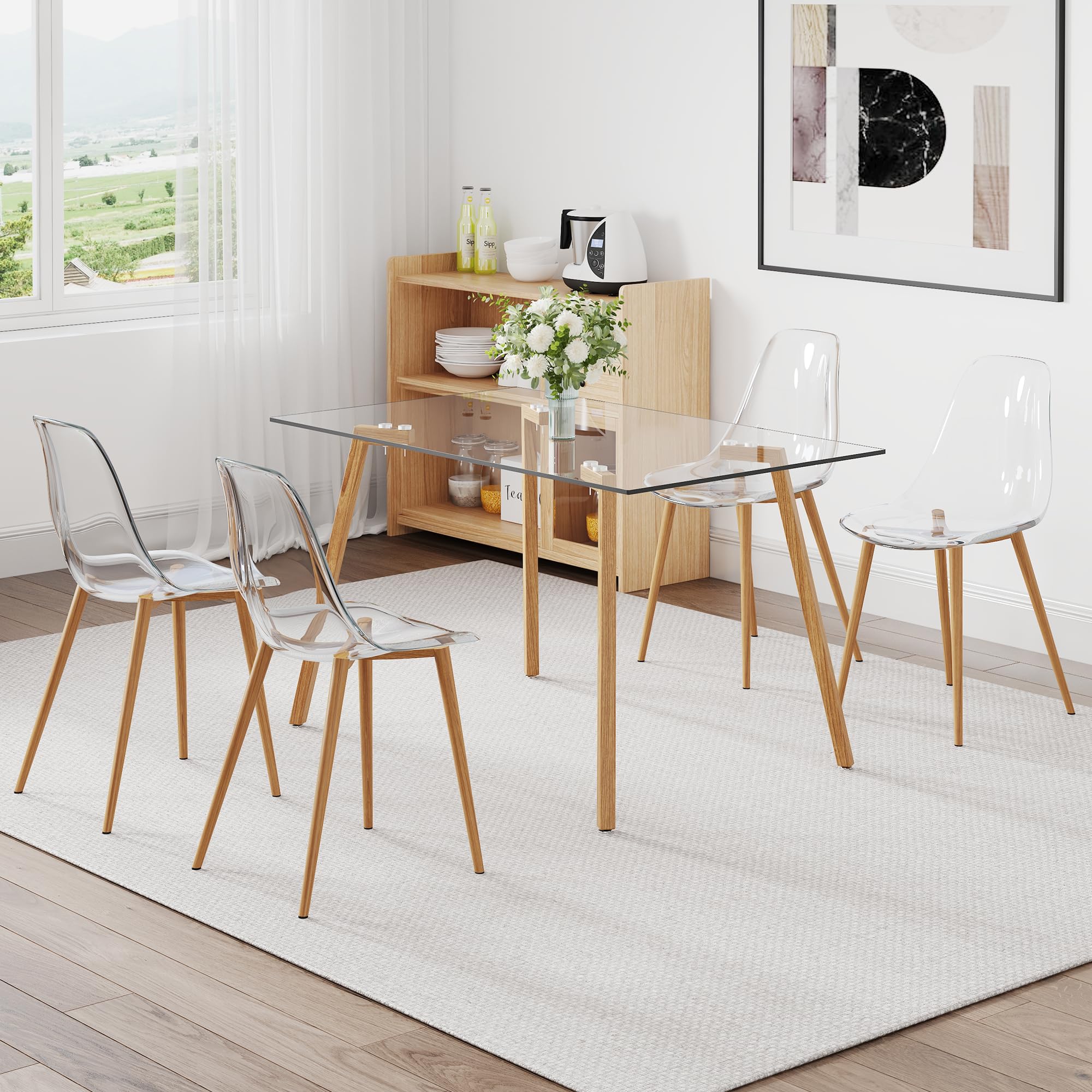 Henf Transparent Dining Table Set for 4 Persons,5-Piece Dining Table Set with 4 Plastic Chair for Kitchen Dinette,51'' Glass Dining Room Table and Chair Set,Breakfast Nook w/ 4 Chairs (Light Brown)