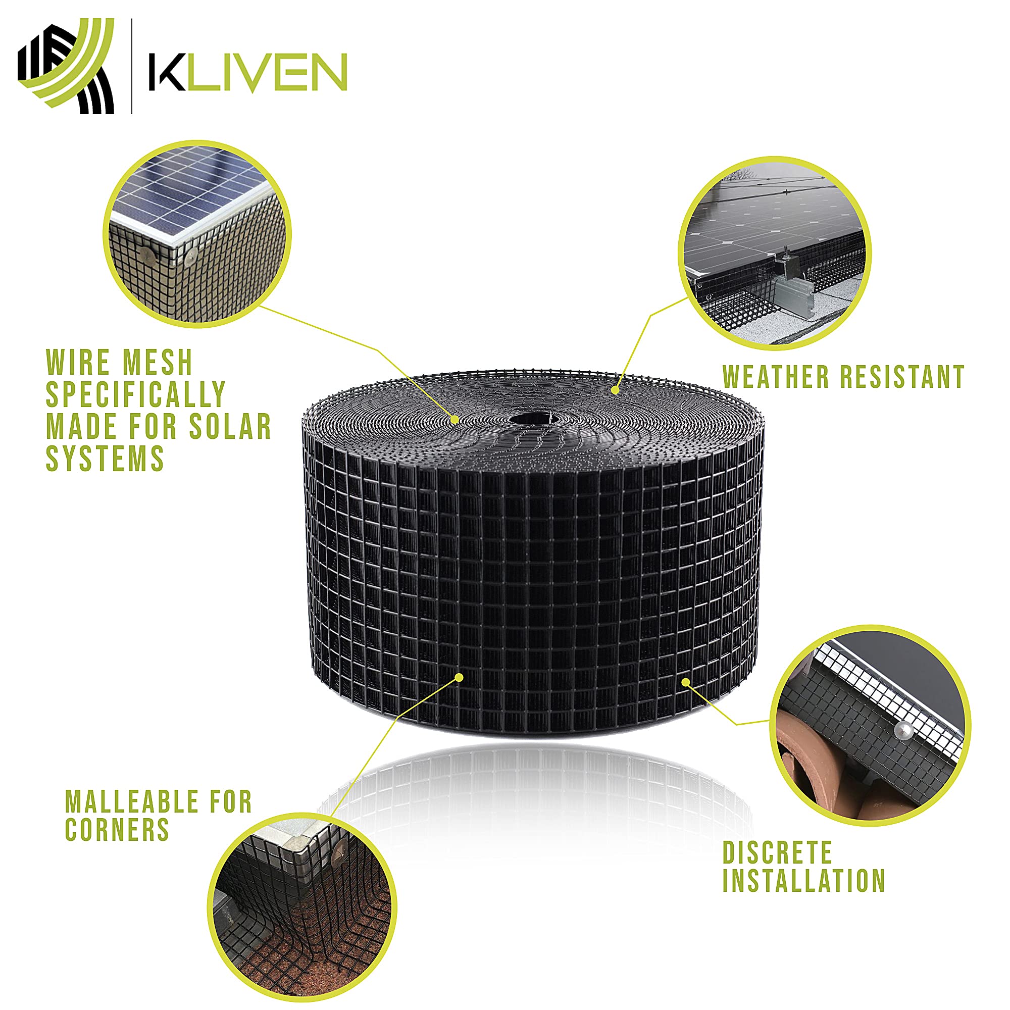 KLIVEN Solar Panel Bird/Squirrel Guard Roll Kit- 6in x 100ft Critter Guard PVC Coated Wire Mesh, Solar Panel Bird Wire Set Includes: 60 Fastener Clips & Convenience Metal Scissor.