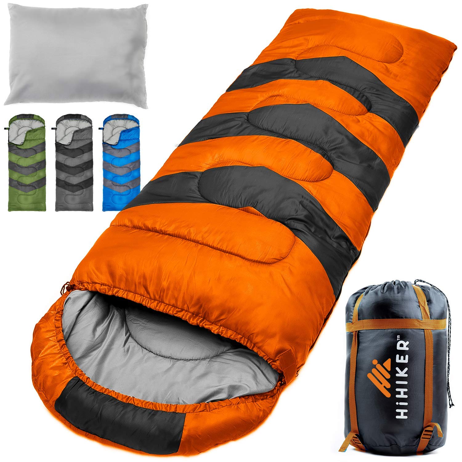HiHiker Camping Sleeping Bag + Travel Pillow w/Compact Compression Sack – 4 Season Sleeping Bag for Adults & Kids – Lightweight Warm and Washable, for Hiking Traveling. (Orange)