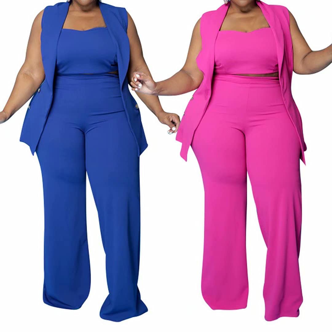 IyMoo Plus Size 3 Piece Sweatsuits for Women - Sleeveless Blazer,Tank Crop Top and Wide Leg Pants Set Rose Red 2X