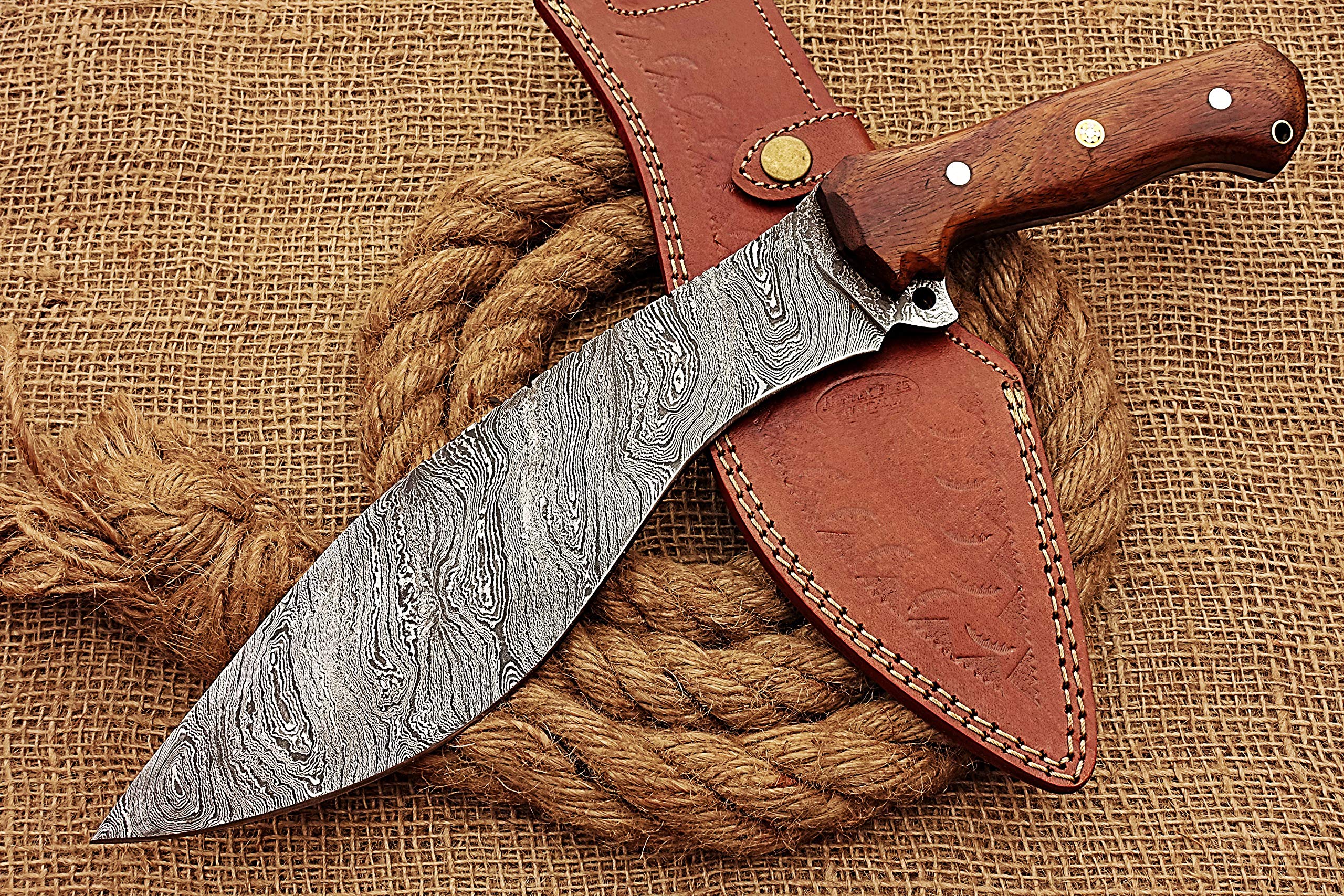 HUNTEX Handmade Hand-Forged Twist Pattern Damascus Steel 15 Inch Long Full Tang Natural Walnut Wood Handle Razor Sharp Hunting Camping Kukri Knife w/Genuine Leather Sheath