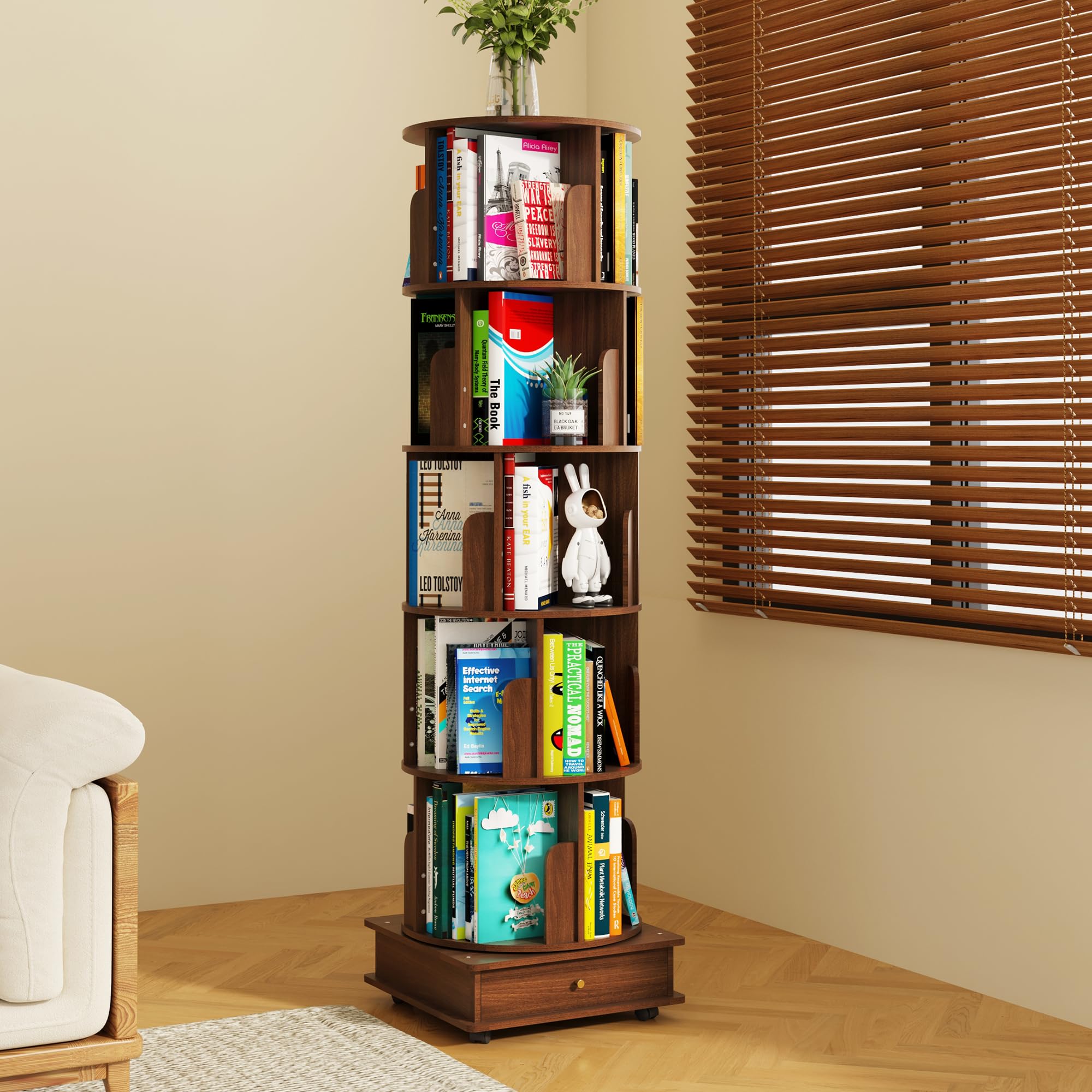RNE Solid Wood Rotating Bookshelf Tower, 360 Rotating Bookshelf, Mobile Bookcase with Drawers and Wheels, for Bedroom, Living Room, Office (Walnut, 6-Tier)