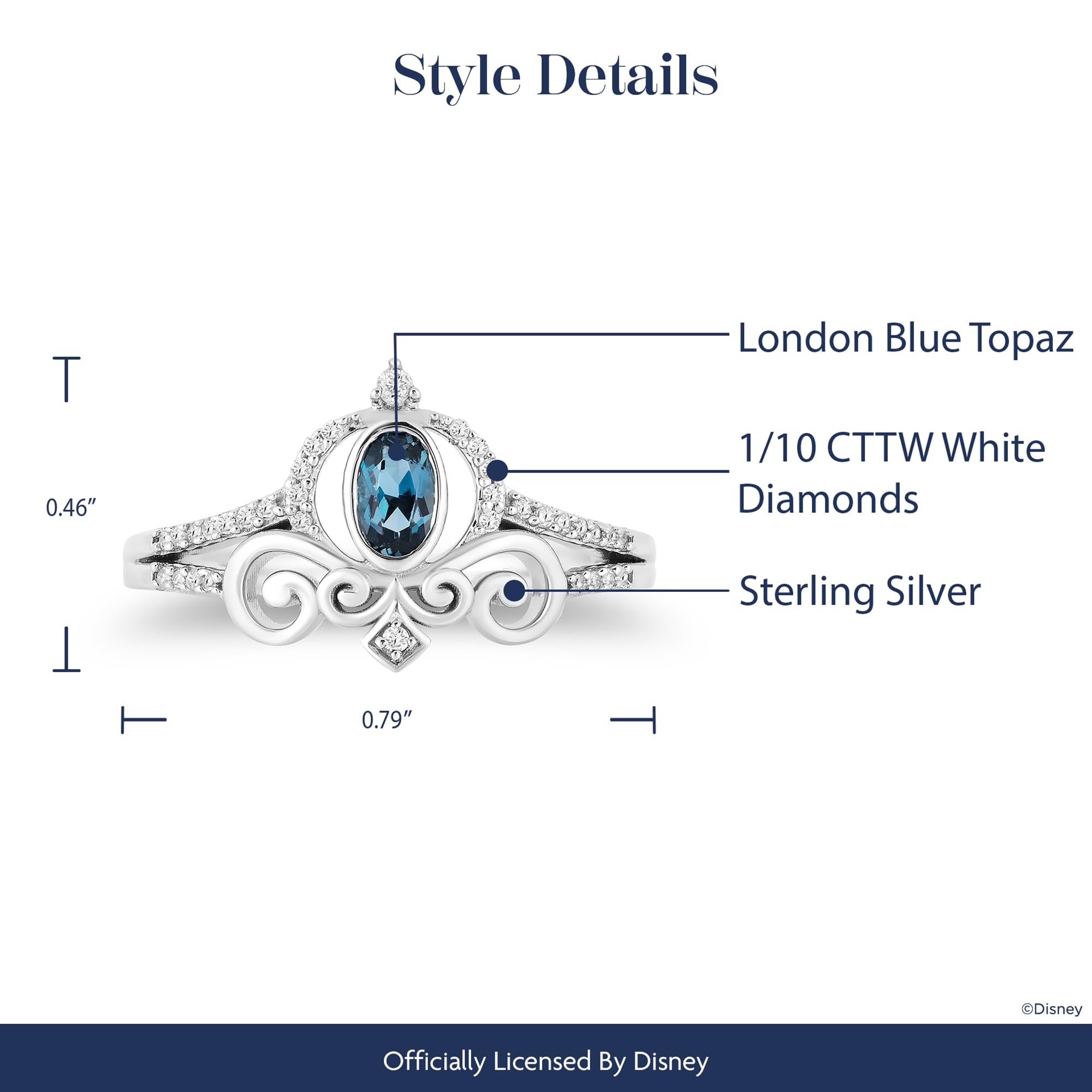 Jewelili Enchanted Disney Fine Jewelry Sterling Silver with 1/10cttw Diamonds and London Blue Topaz Cinderella Carriage Ring Size 7