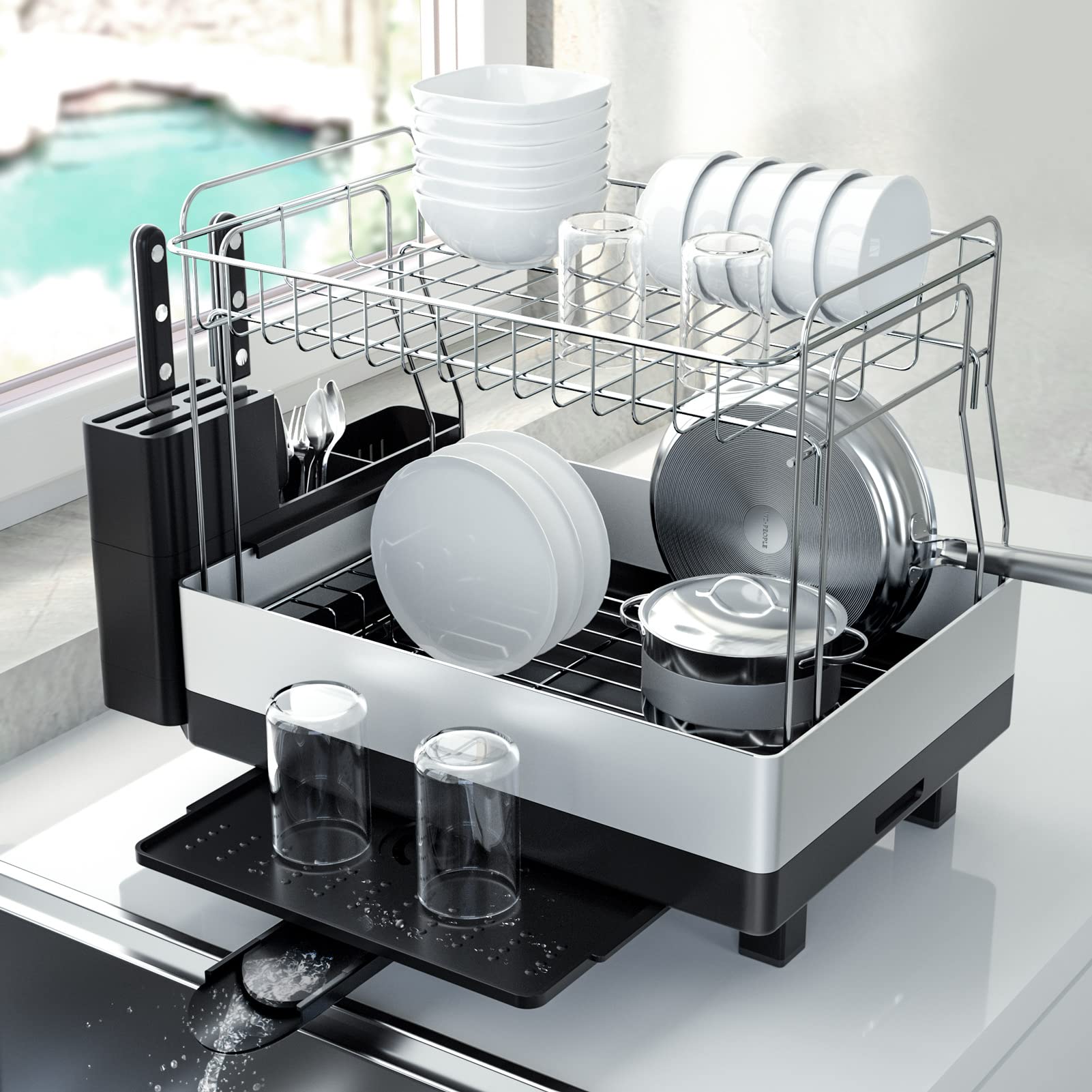 Klvied 2 Tier Dish Drying Rack 360 Degrees Swivel Spout, Silver