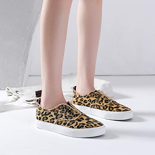 Women's Slip on Sneakers Walking Shoes Casual Girls Canvas Fashion Sneakers(Leopard,US7)