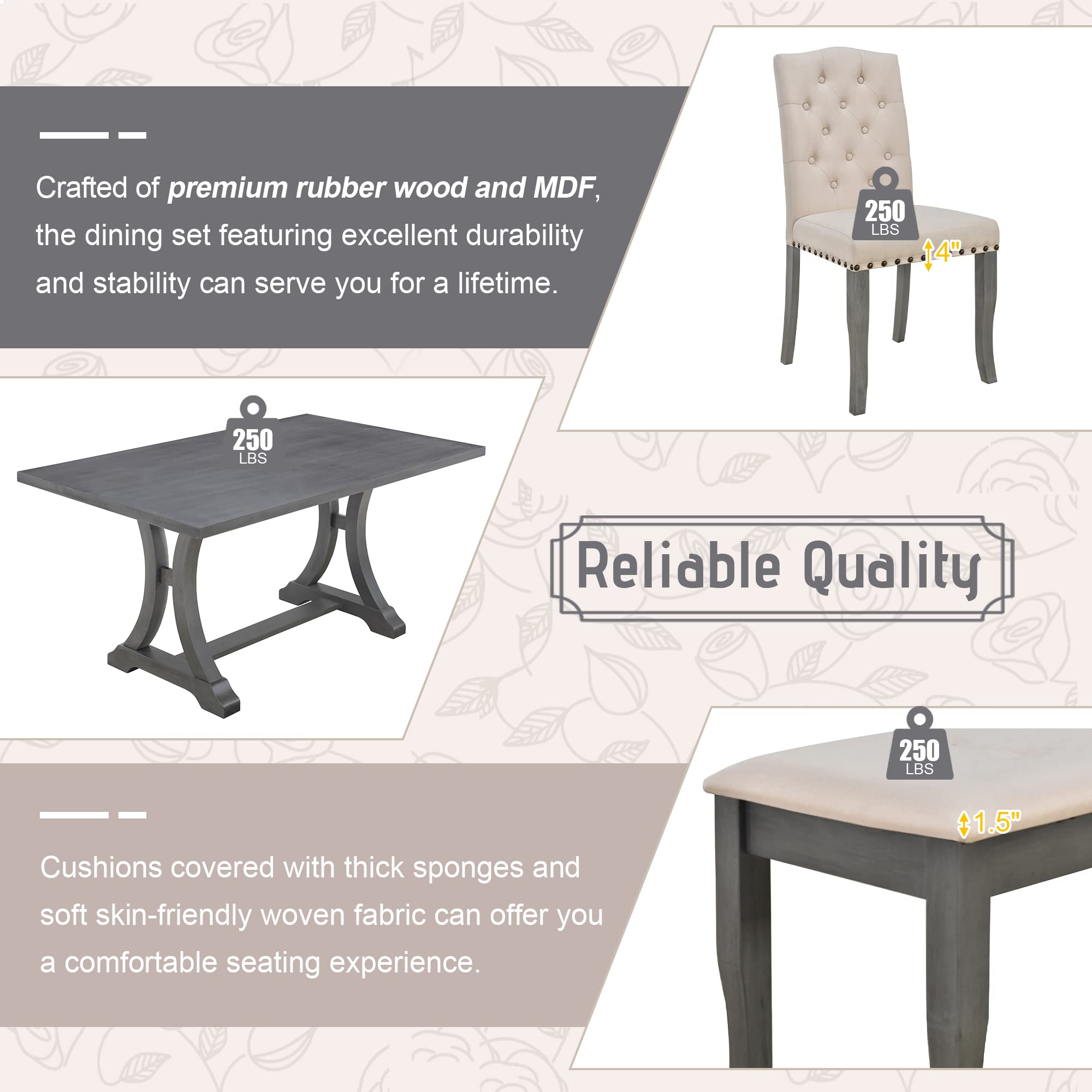 Harper & Bright Designs Classic and Traditional Style 6 - Piece Dining Set, Includes Dining Table, 4 Upholstered Chairs & Bench (White+Gray) (White+Gray) (White1)