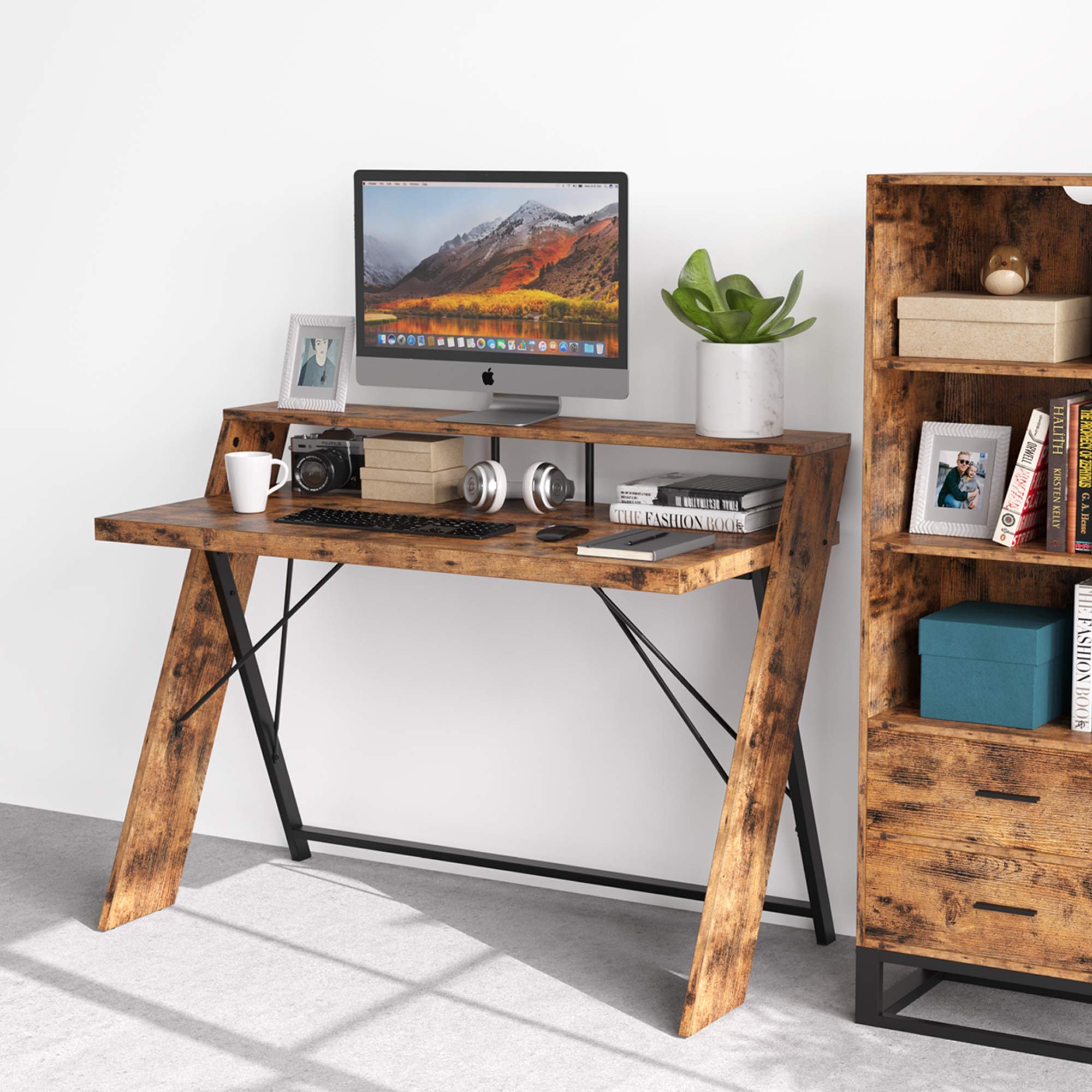 IRONCK Industrial Computer Desk 47", Office Desk with Monitor Shelf, with Thicker Tabletop and Diagonal Wood Legs, Studying Writing Table for Home Office