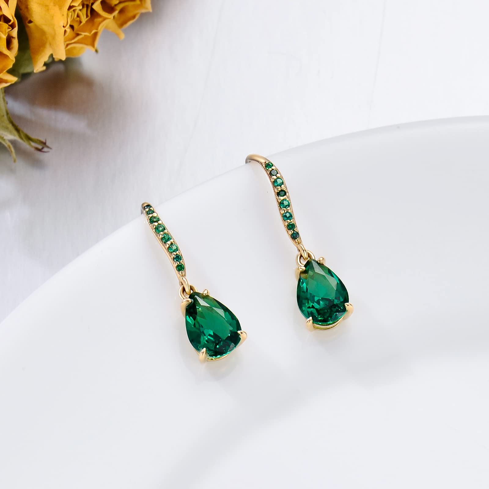 MUUYON Solid 14K Emerald Earrings for Women, Real Gold Dangle Drop Created Emerald Earrings May Birthstone Jewelry Gift for Women Ladies Her Mom (Pear Shape 5X7MM)
