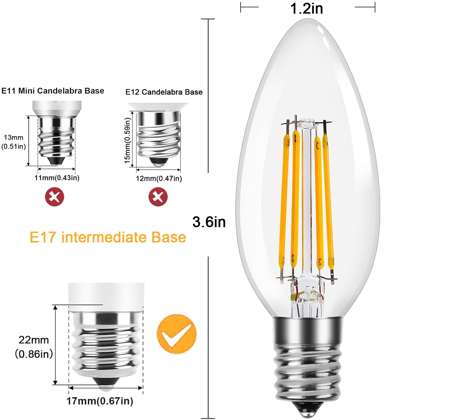 ST40 E17 Intermediate Base LED Bulbs, 600LM 2700K, Dimmable Ceiling Fan Light Bulbs,6W E17 Screw Base Replacement Clear Glass Light Bulbs for Outdoor Patio ST40 String Lights 6pack (Warm White)