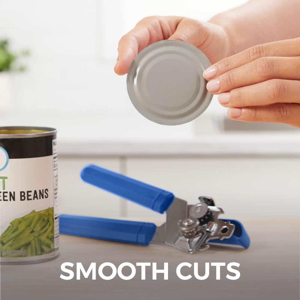 Home Genie Stainless Steel Blade and Rust Resistant Manual Can Opener, HandHeld Easy Turn Knob, Smooth Edge Cut on Lids, Large Handles with Bottle Top Openers, Kitchen Tool Accessories, Pitch Black