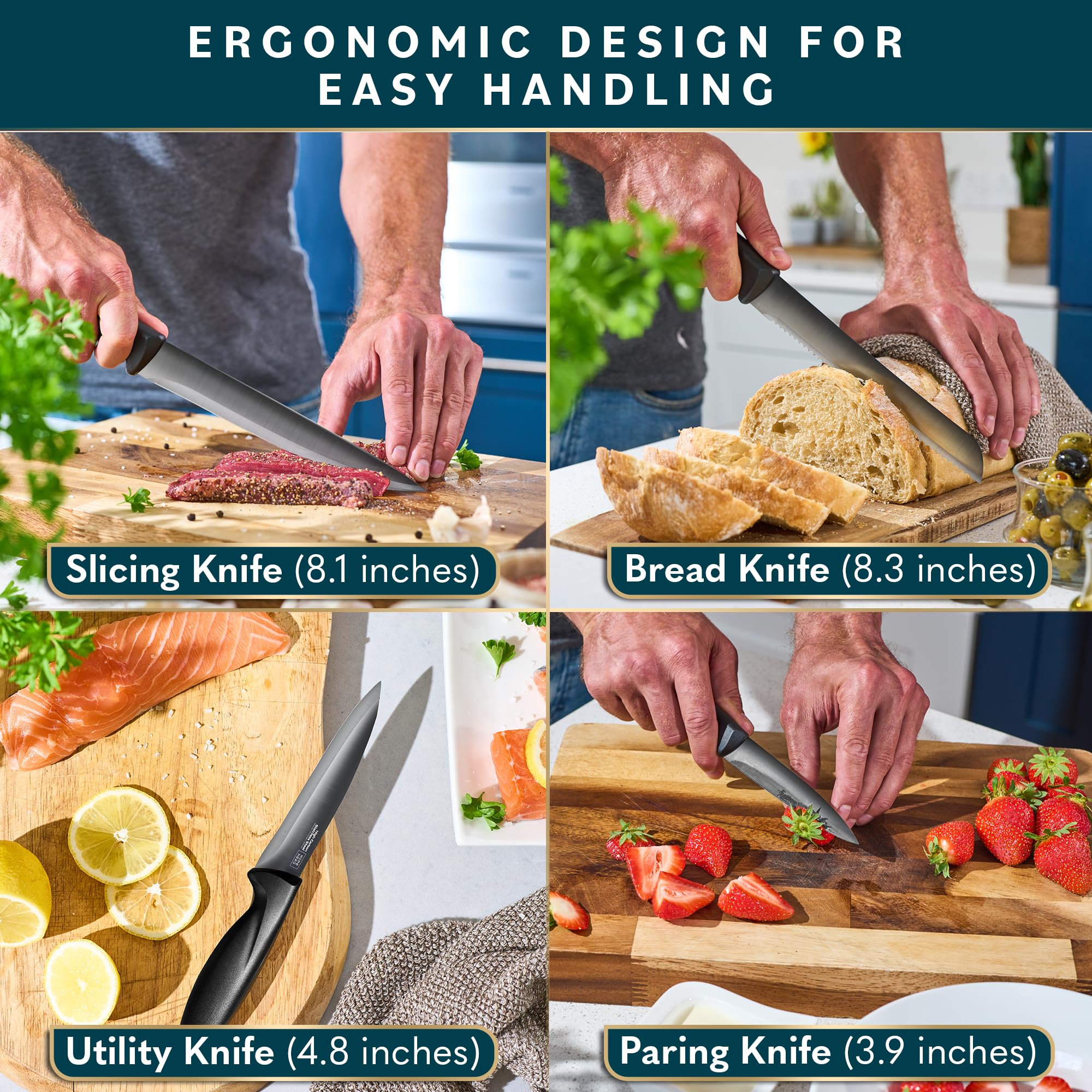 Home Hero Kitchen Knife Set with Sharpener - High Carbon Stainless Steel Knife Block Set with Ergonomic Handles (16 Pcs - Black)