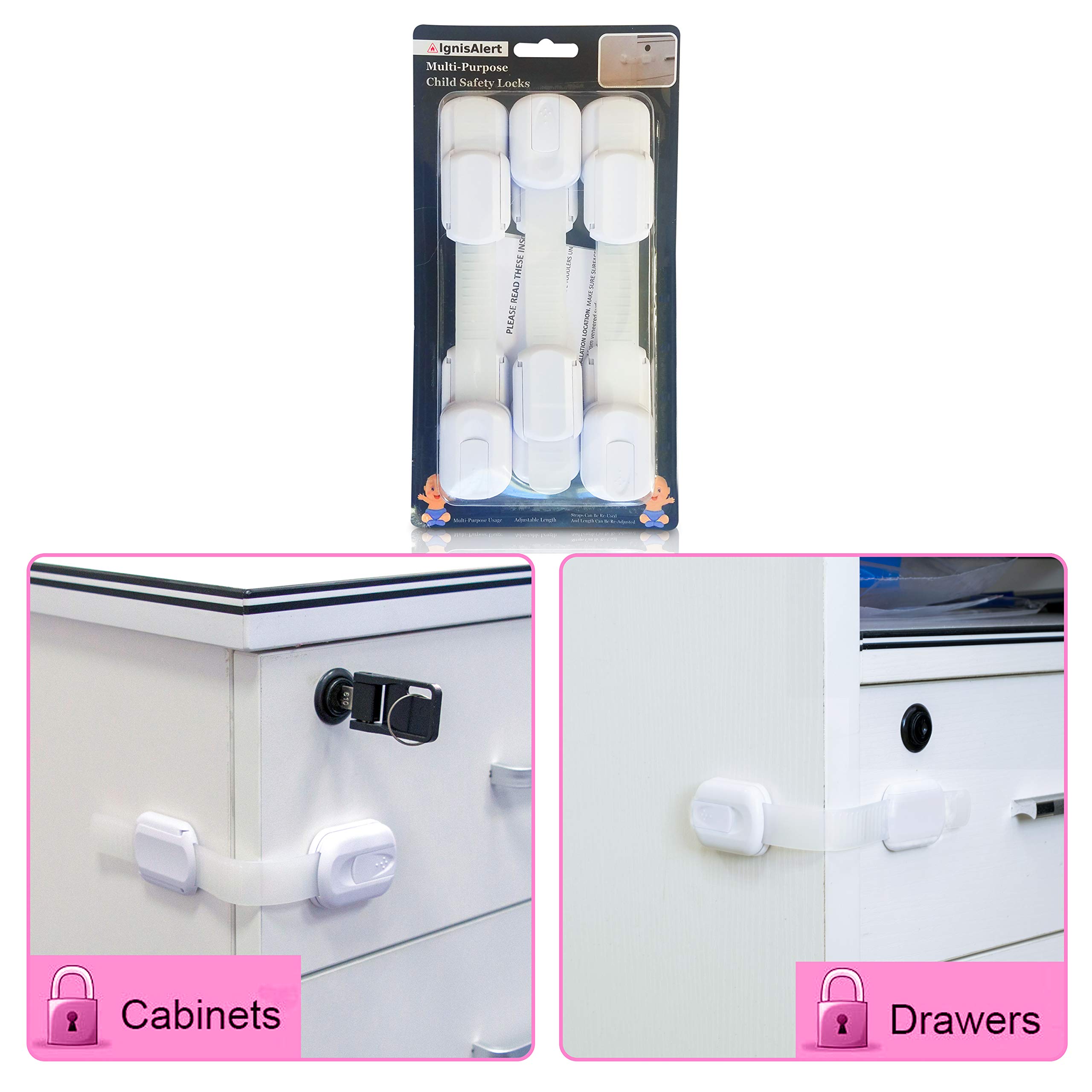 IgnisAlert Child Safety Lock Straps 6 Pack, Versatile with Strong 3M Adhesive for Fridge, Cabinets, Drawers, Dishwasher, Toilet Seats